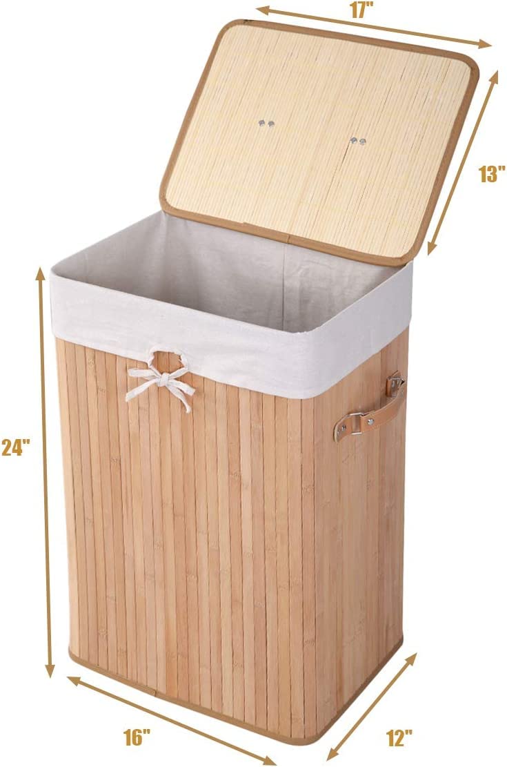 Byroce Bamboo Laundry Basket, Collapsible Laundry Hamper with Lid, Removable Liner & Handles, Dirty Clothes Toys Storage Bin for Laundry Room, Bedroom, Bathroom (Beige)