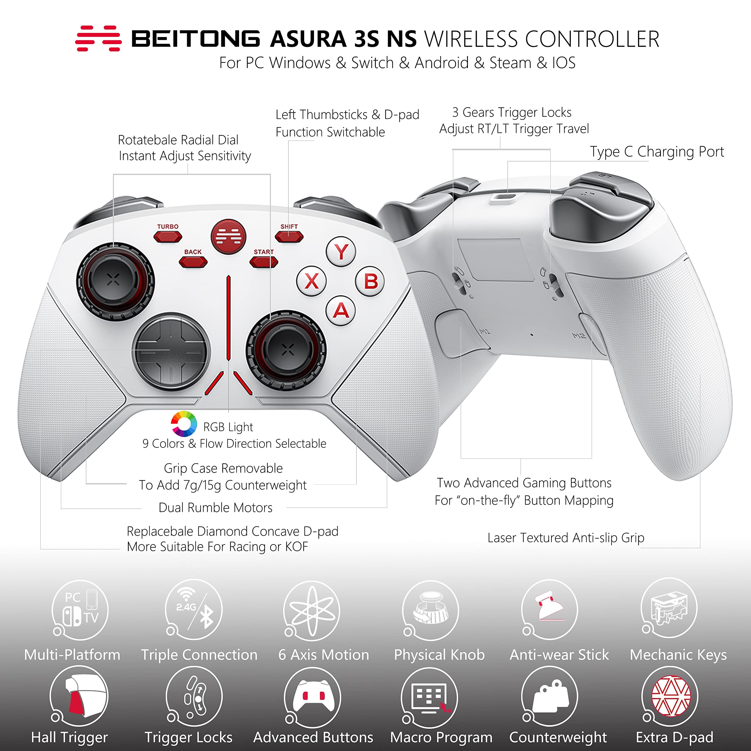 BEITONG Asura 3S PC Game Controller Wireless Gamepad For Windows 7 8 10 11 Steam Switch,950 mAh/Anti-wear Joystick Sensitivity Adjust Instant/Mechanic Keys/Trigger Locks/Modulary (White)