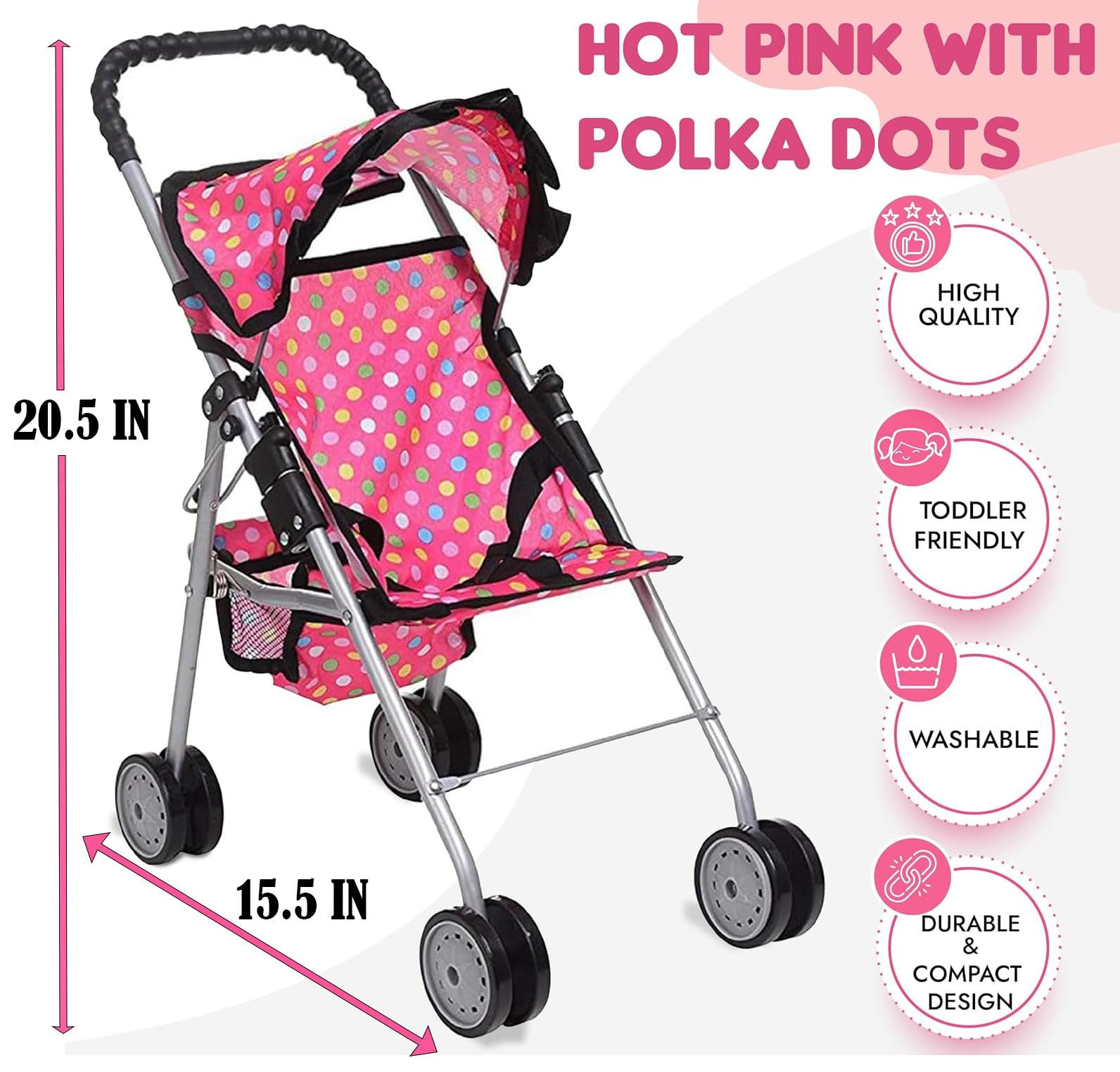 fash n kolor - My First Baby Doll Stroller - Pink Polka Dot Doll Stroller with Basket- Soft Grib Handle. Foldable with Hood Toy Doll Pram Baby Doll Accessories. With 2 Free Bonus Doll Bottles Included