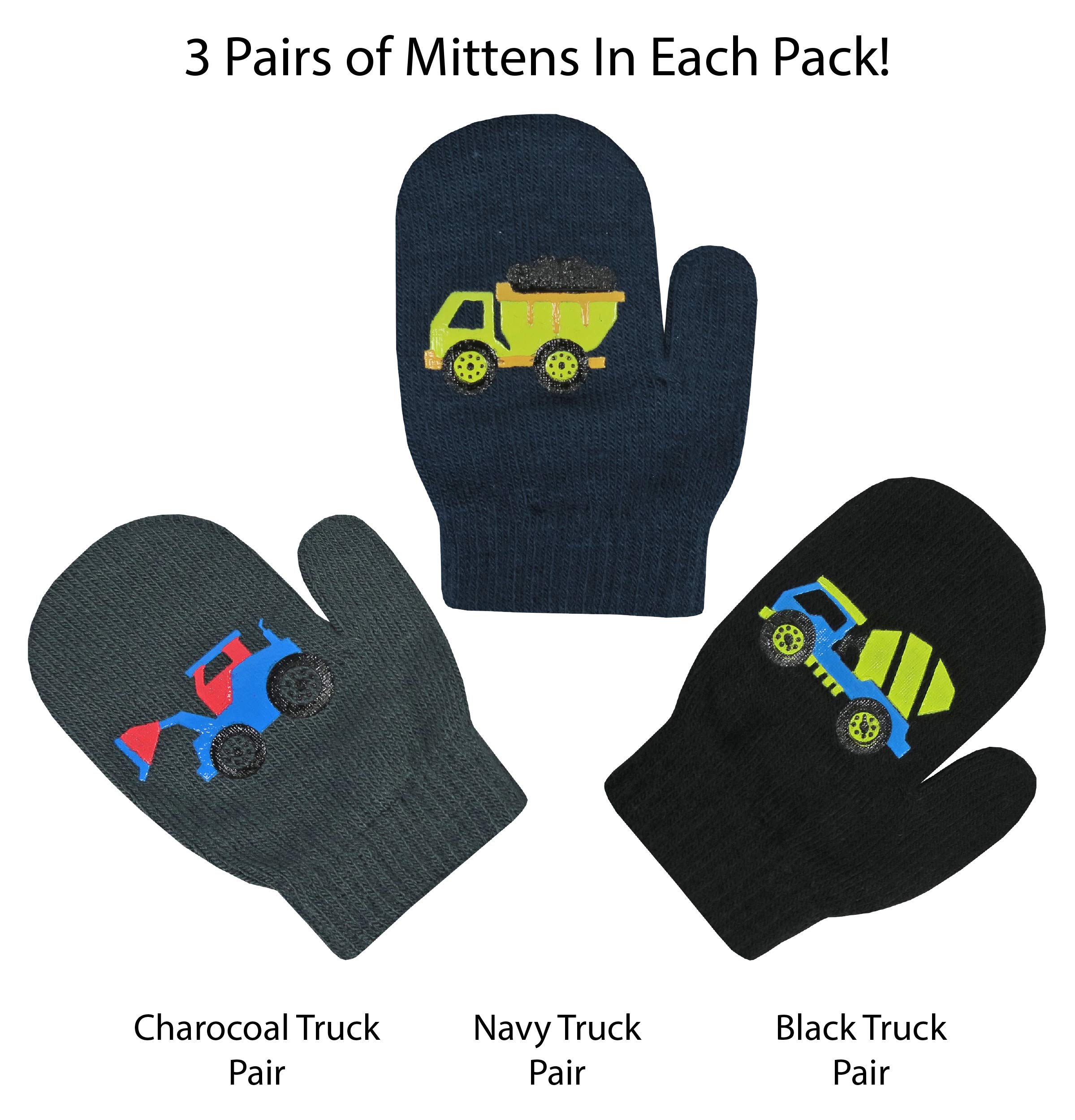 N'Ice Caps Kids Magic Stretch Gloves Mitten 3 Pairs Toddler Boys Girls Winter (2-4 Years, Trucks - Navy/Charcoal/Black Mittens)