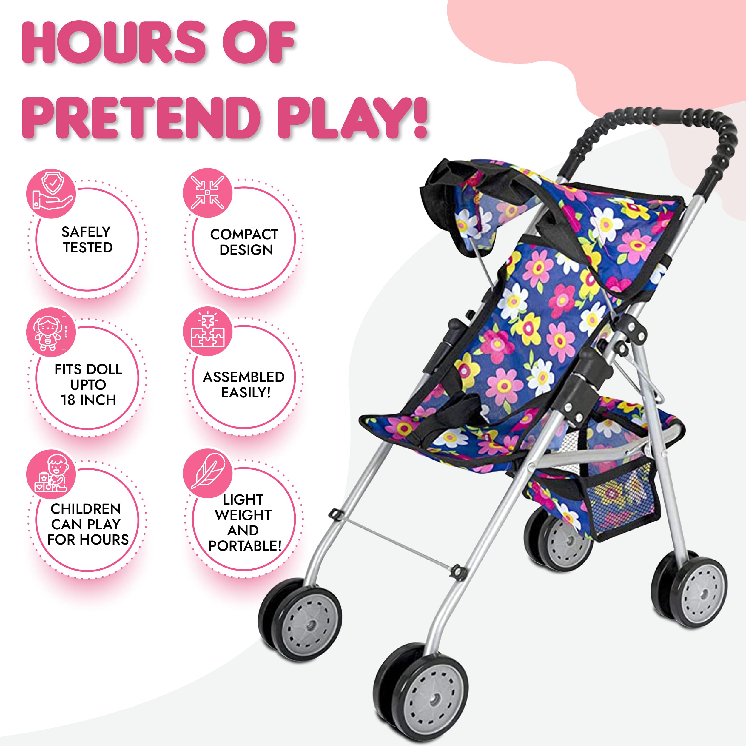 fash n kolor Doll 3 Piece Play Set Baby Doll Accessories - includes, 1 Pack N Play. 2 Doll Stroller. 3 Doll High Chair. Fits Up to 18'' Doll (Flower)