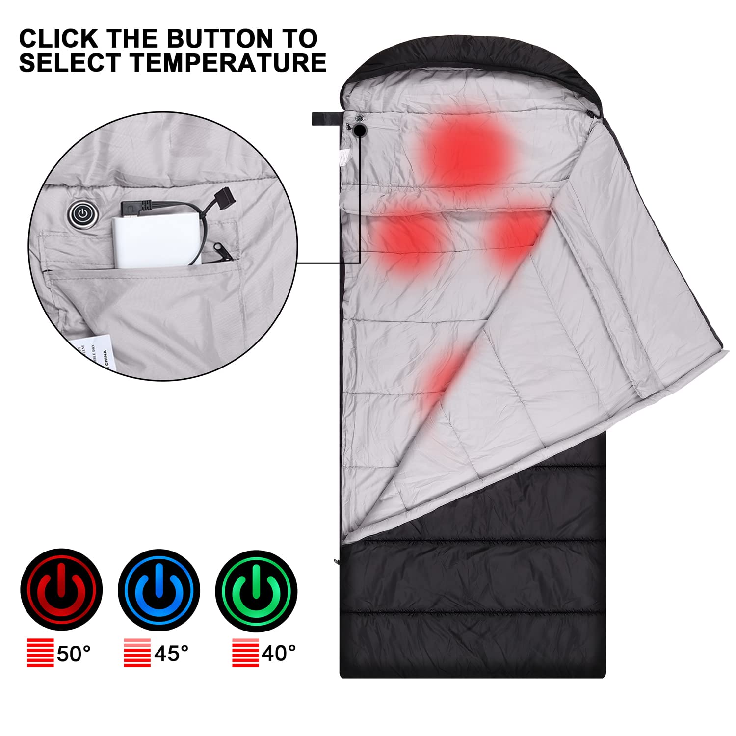 AGEMORE Heated Sleeping Bag for Adults, 5V USB Power Support Waterproof Sleeping Bag with 5pcs Heating Plate, Heating Sleeping Bag for Camping, Backpacking or Hiking (Power Bank not Included)