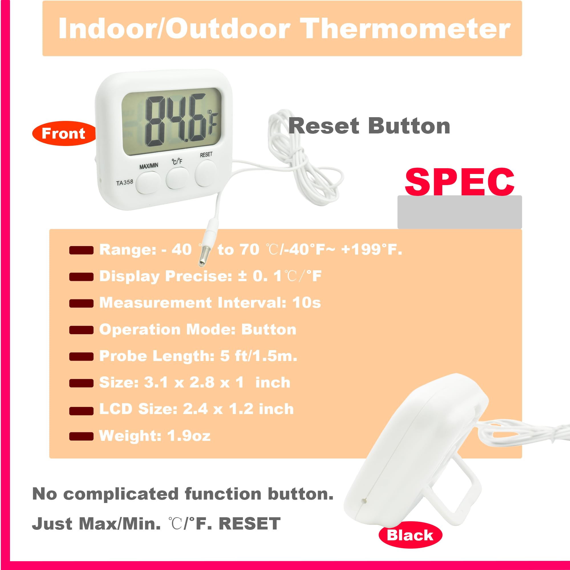 Bytiyar Small Digital Thermometer TA358 Celsius/Fahrenheit Temperature Indoor/Outdoor Meter Gauge with 5ft/1.5M Probe Sensor