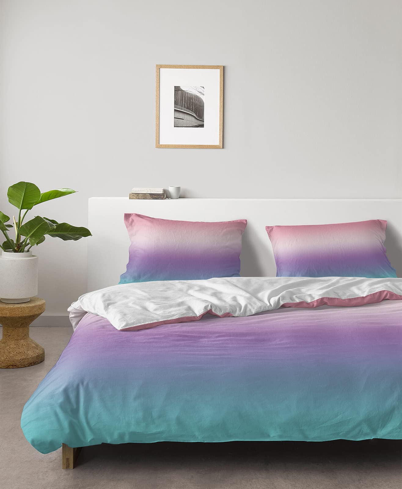 Chucoco Full Duvet Covers Set Pink Purple Teal Color Gradient 4 Pcs Bedding Sets Brushed Microfiber Quilt Covers Lightweight Cozy Flat Sheet with 2 Pillowcases Ombre Colored Abstract Art