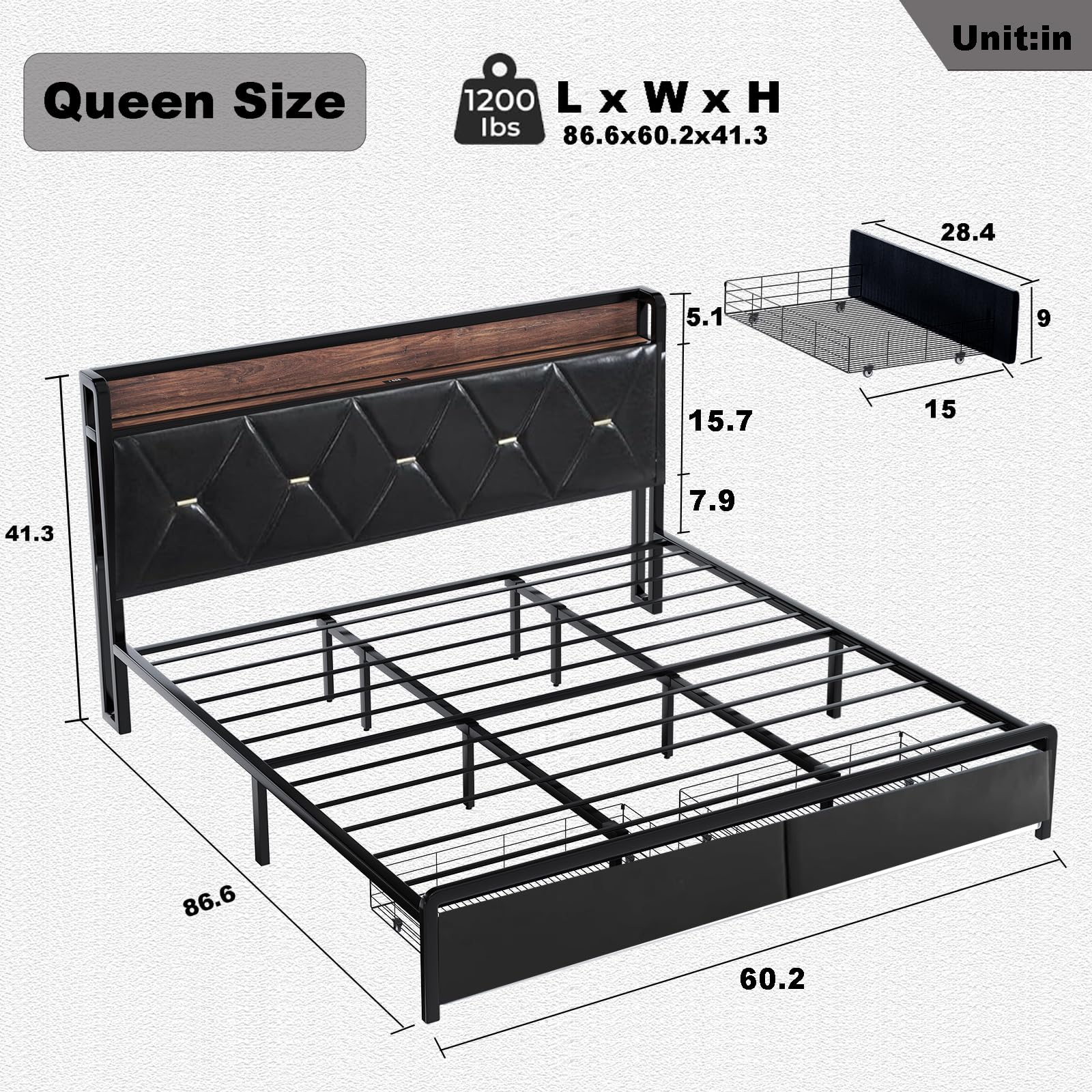 Ailisite Led Queen Size Bed Frame with Storage Headboard, Upholstered Bed Frame with TypC & TypA Charging Station, Black Queen Size Bed Frames with Storage Drawers, No Box Spring Needed,Easy Assembly