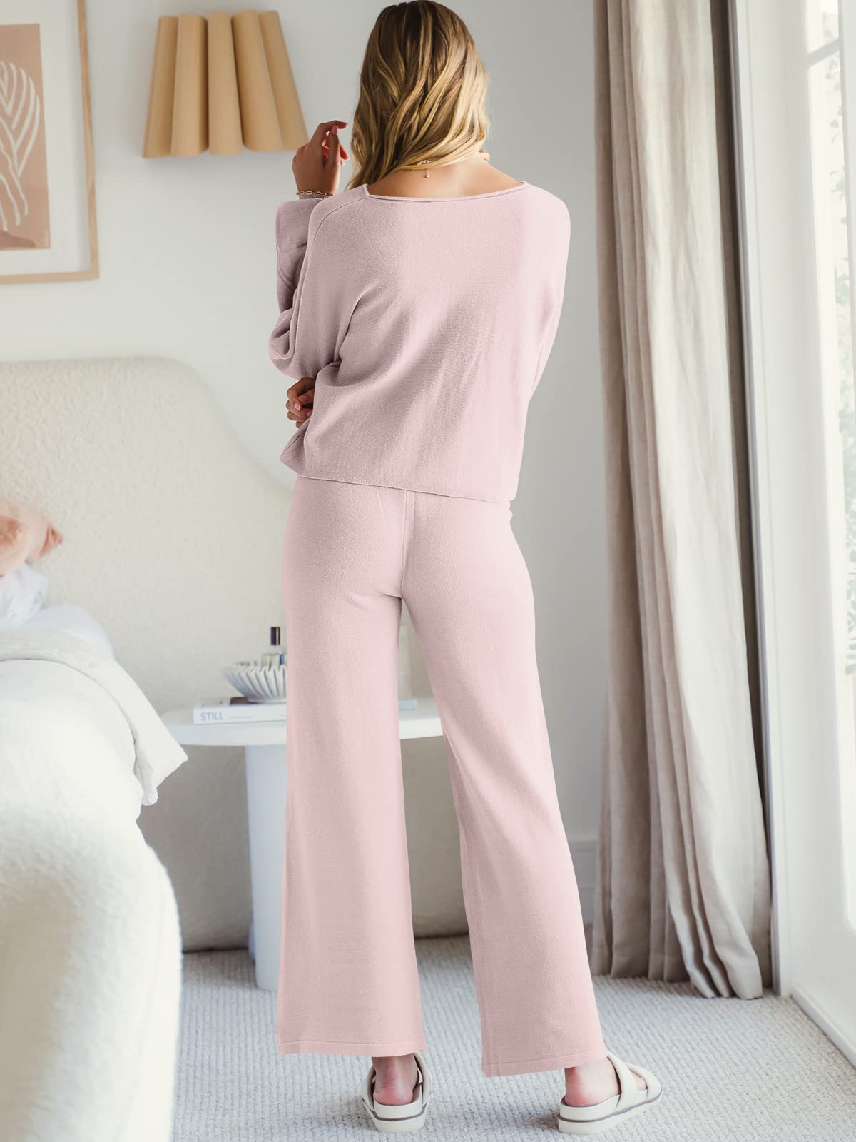 ANRABESS Women’s Two Piece Crop Top & Wide Leg Pants Lounge Sweater Sets 2024 Fall Knit Sweatsuits Cozy Trendy Outfits Pink Large