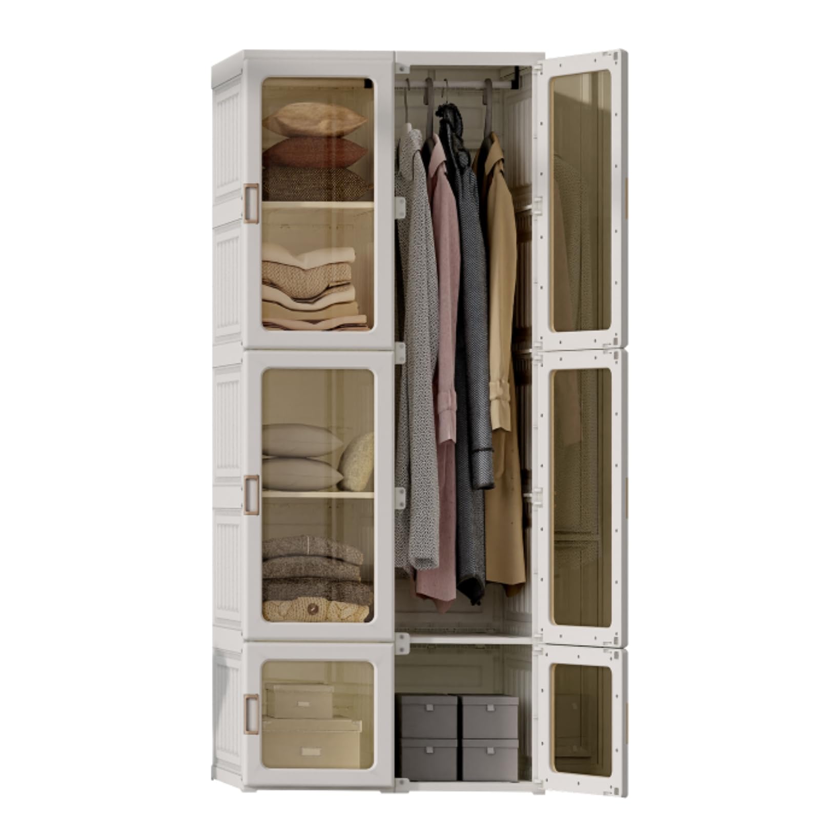 ANTBOX Portable Wardrobe Closet Storage Organizer for Clothes,Transparent Door Panels,Suitable for Living Room, Bedroom,Plastic Wardrobe with Magnetic Door and Easy Assembly 6 Cubes & 2 Hanging Rod