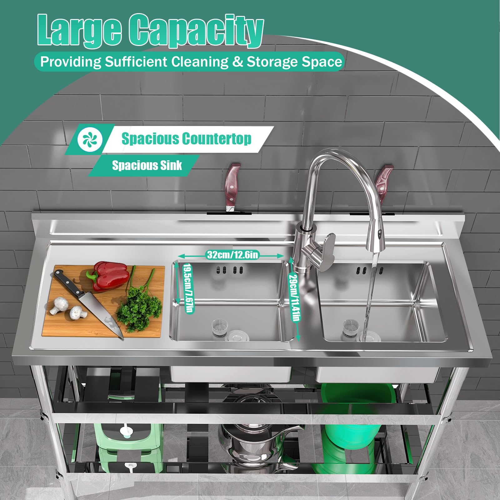LIYUANJUN 3 Tier Commercial Sink, 201 Stainless Steel Sink With 2 Washing Hand Basins&Drain Pipe&Faucet Indoor Floor Standing Sink for Kitchen Hotel Restaurant Storage Shelves