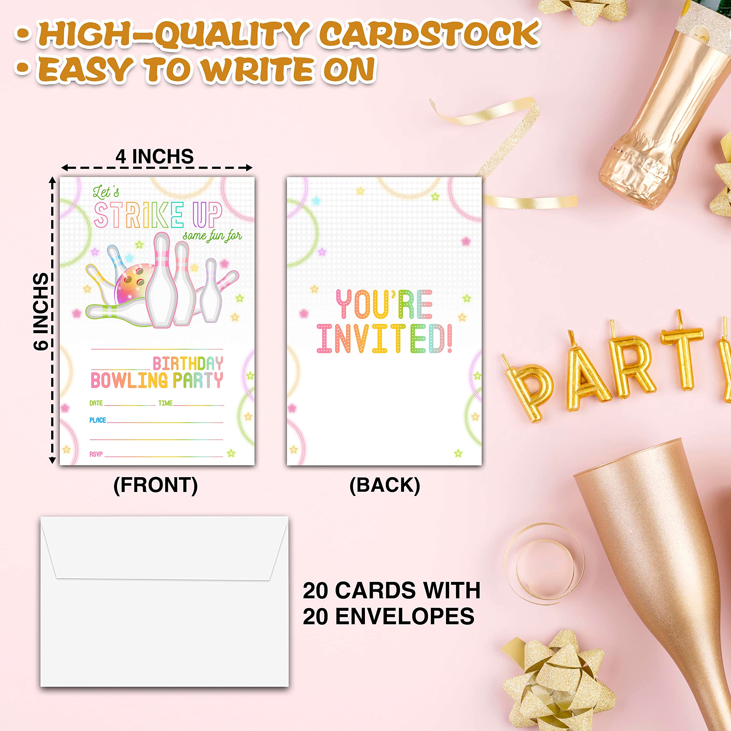 Chuxvon Bowling Birthday Party Invitations, Strike Up Birthday Invitation, Double-Sided Neon Glow Themed Fill In Invites, Kids Glow Bowling Birthday Party Decorations, 20 Cards With 20 Envelopes(C07)