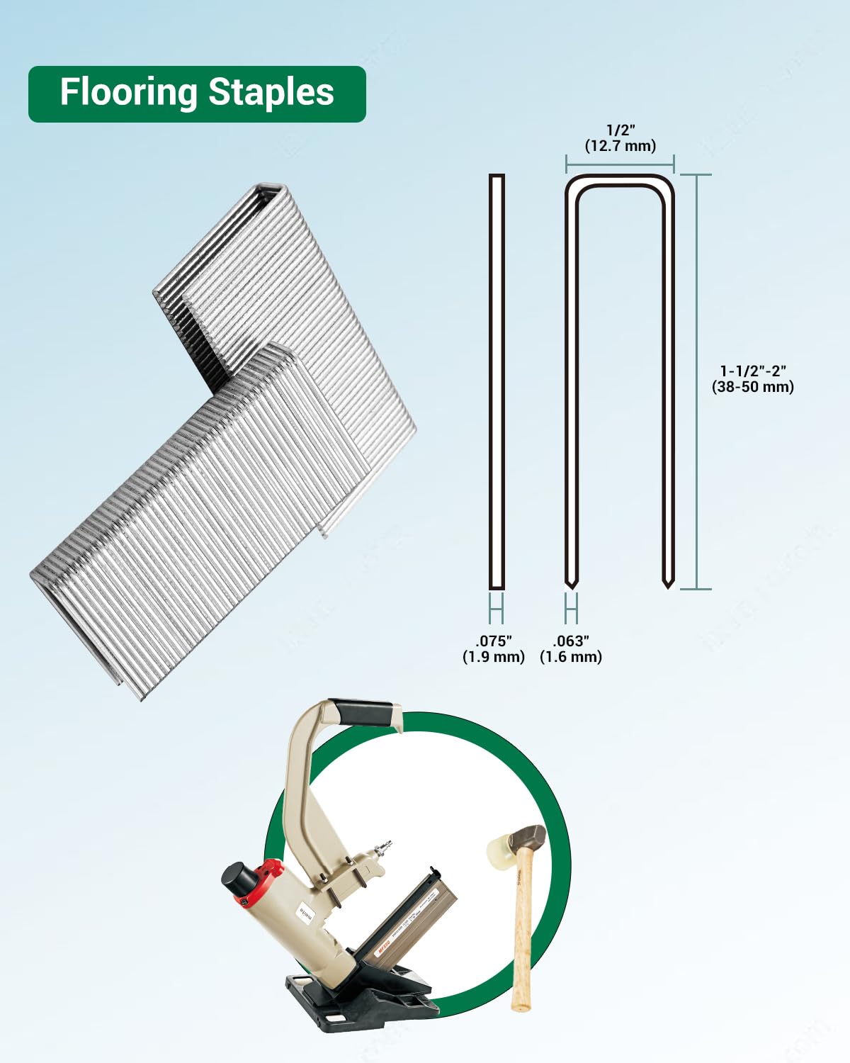 meite 15.5 Gauge Flooring Staples, 2-Inch Length 1/2-Inch Crown Hradwood Floor Staples Collated Galvanized Flooring Staples (1,012 Counts)