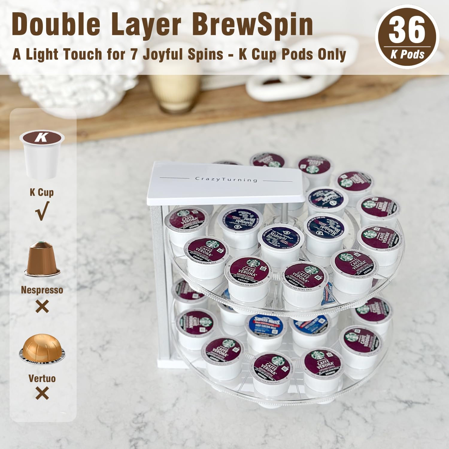 CrazyTurning K Cup Holder, K Cup Organizer, kcup 36 Coffee Pod Holder, 360ยฐ Double Layer Rotation Storage, kcup Lazy Susan for Coffee Station Countertop Cabinet - 36 K Pods