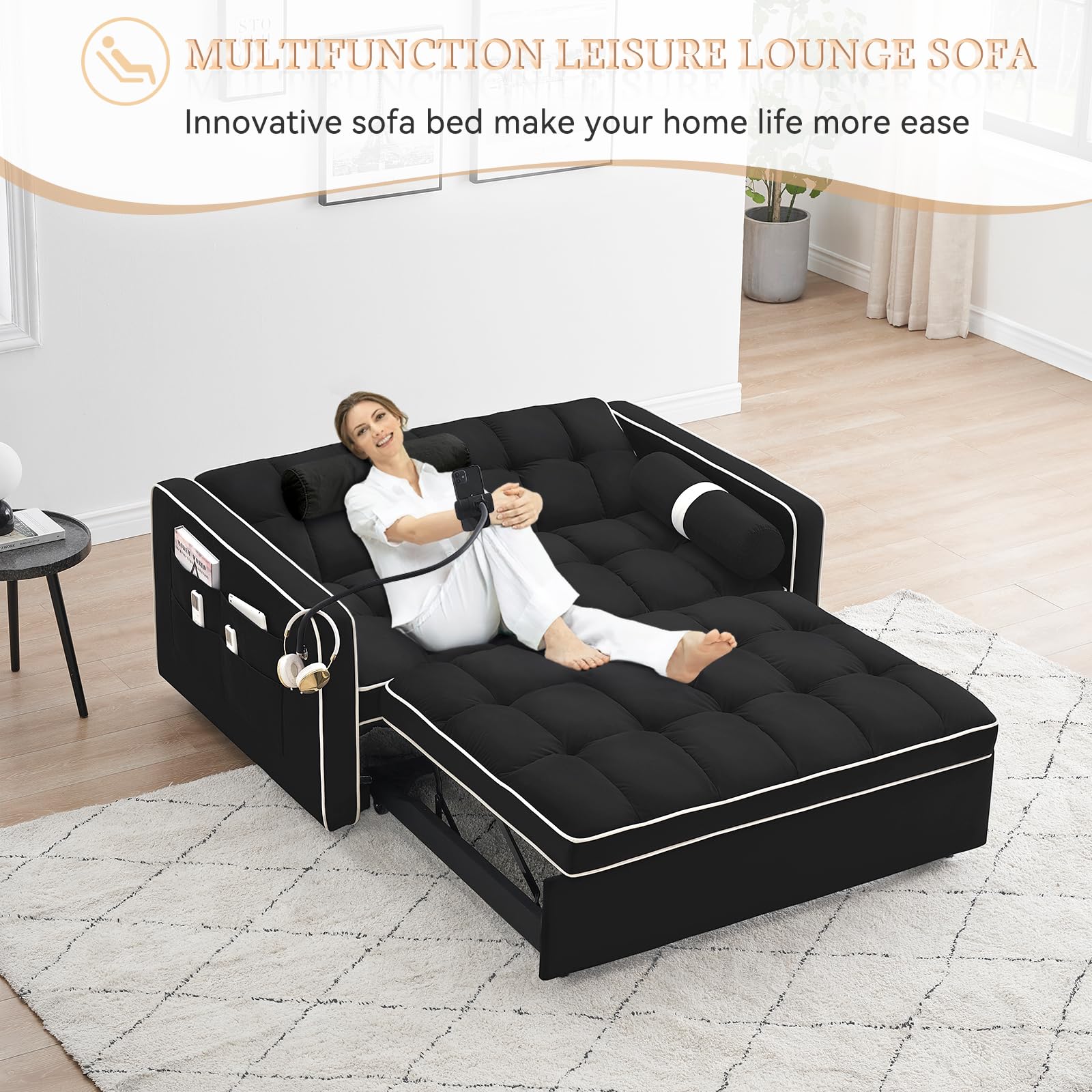 Antetek Upgraded Sleeper Sofa Couch Bed with Phone Holder, 3 in 1 Small Modern Convertible Velvet Loveseat Futon Sofa w/Pullout Bed, Adjustable Backrest for Living Room Apartment, Small Space, Black