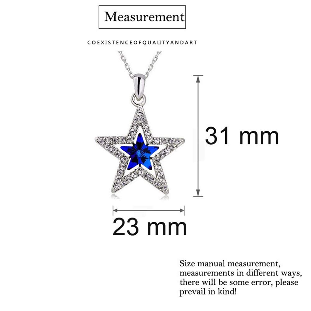 AILUOR Five-Pointed Star Sapphire Crystal Pendant Necklace, Fashion Silver Crystal Hollow Star Jewelry for Women (Blue)