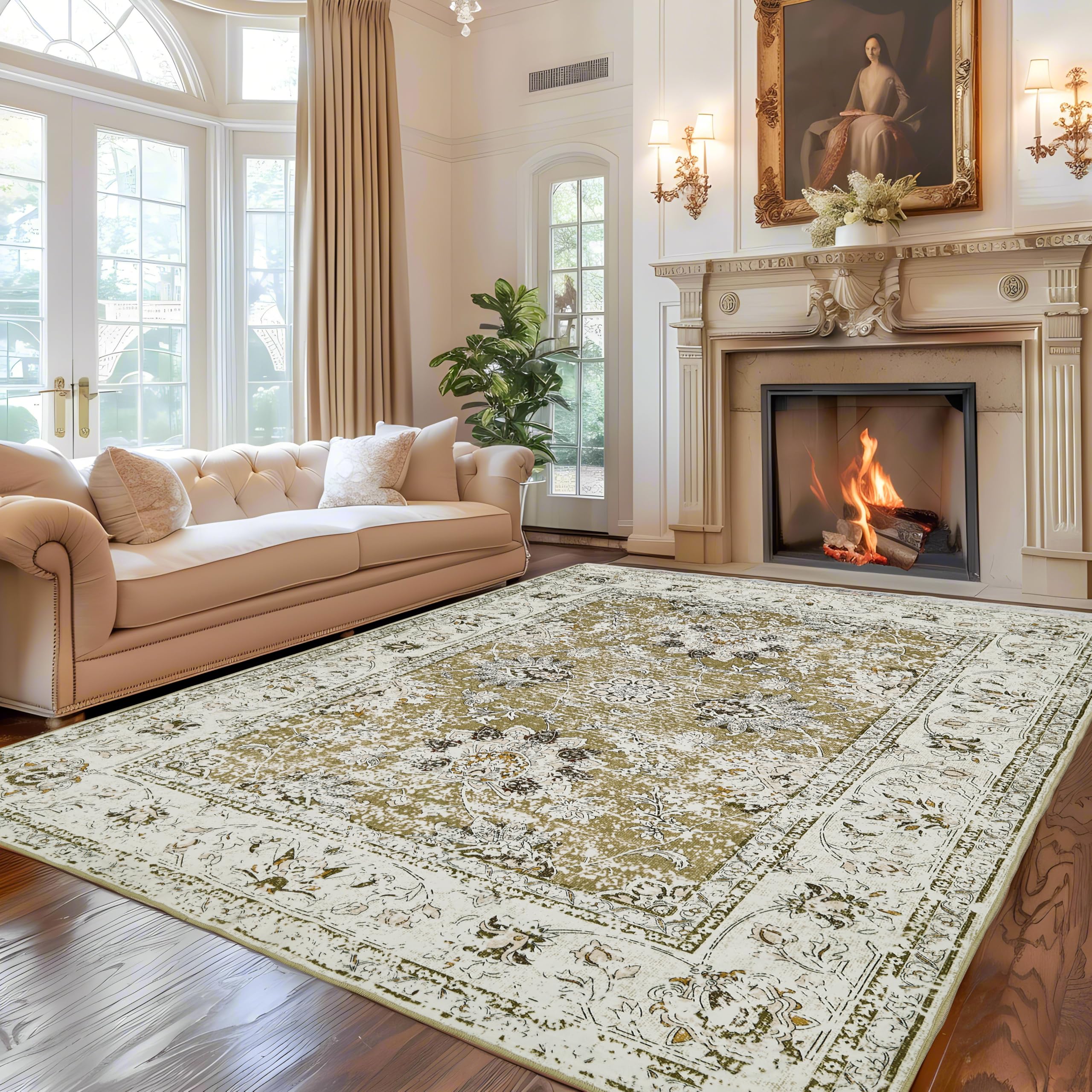 Andency 5x7 Area Rug for Living Room, Olive Green Washable Vintage Boho Bedroom Rug, Non-Slip Stain Resistant Door Mat, Retro Printed Indoor Home Decor Rug for Dining Room Kitchen