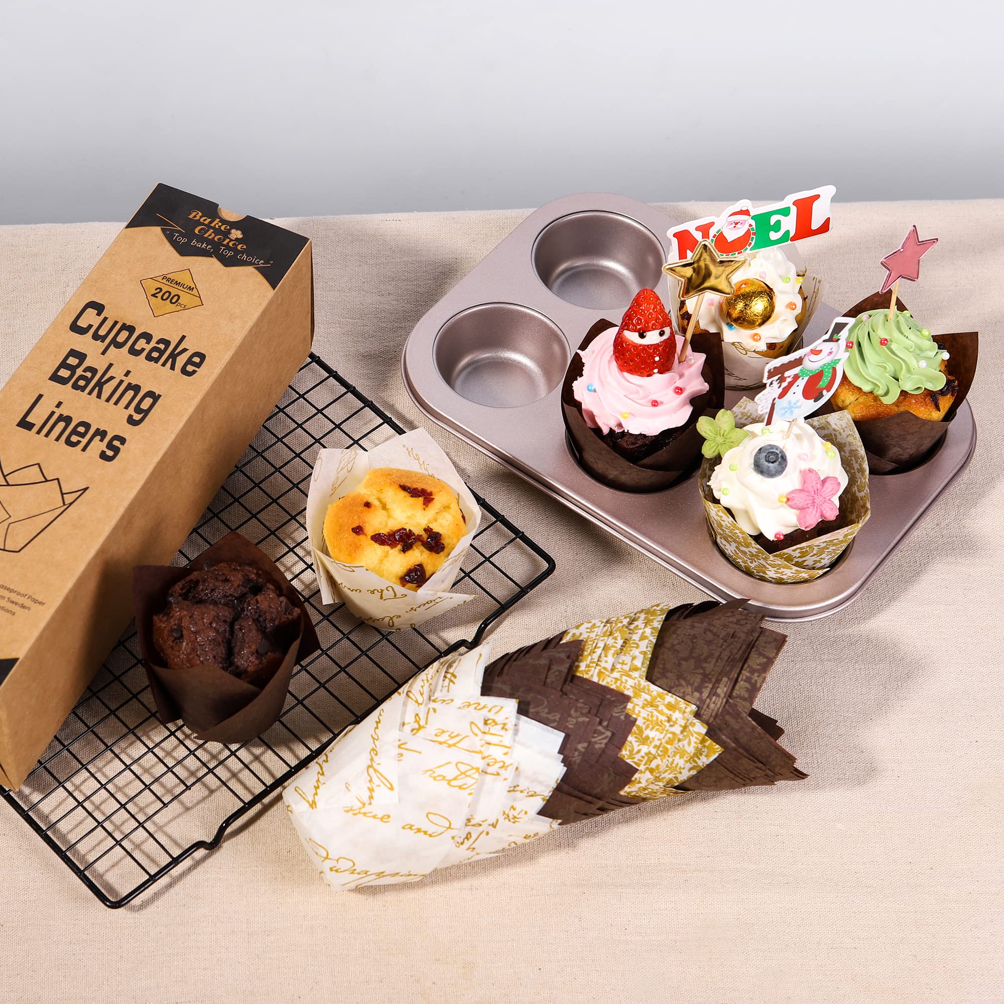 Bake Choice Nordic Paper 200pcs Tulip Cupcake Liners for baking cups with four fancy designs EU Parchment paper Standard Size Tulip Muffin liners, Cupcake Wrappers for Party, Wedding, Birthday