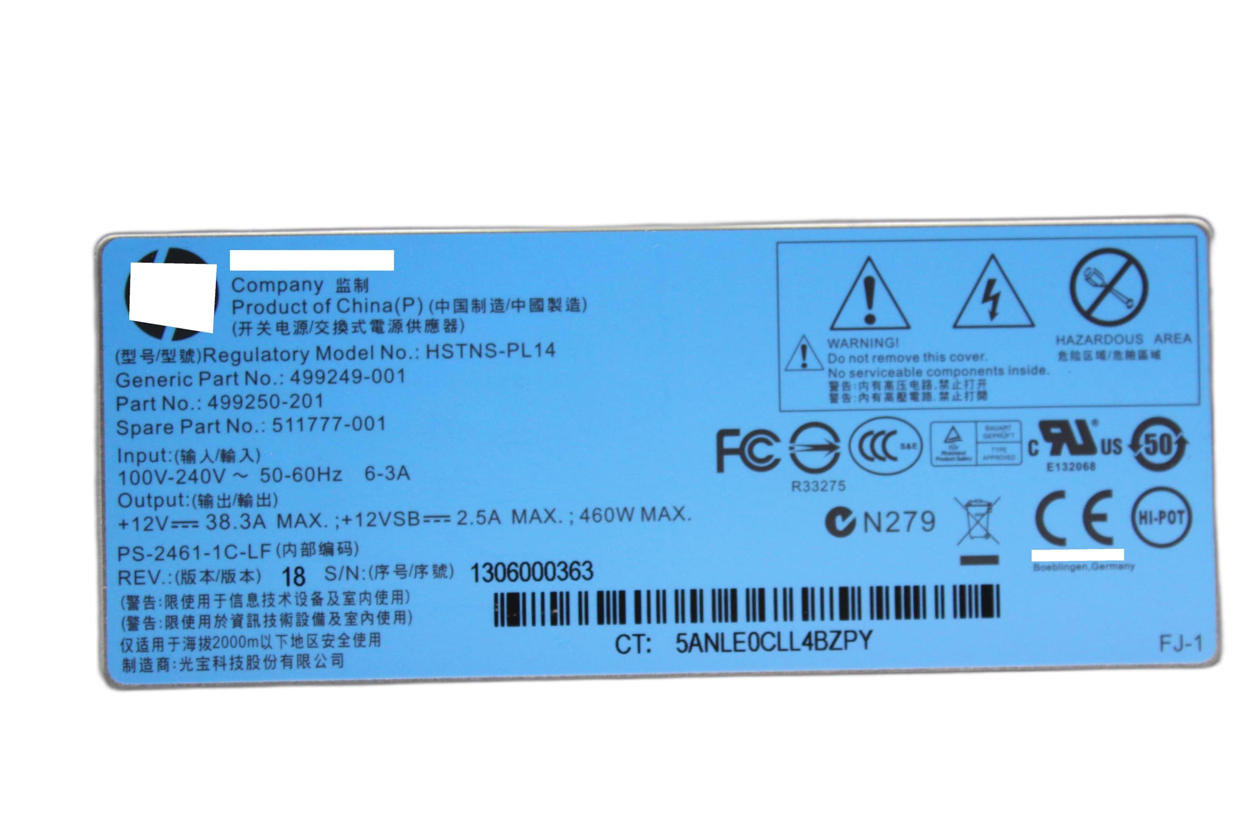 HP DL380P G8 460W Hot-Plug Power Supply 511777-001 499249-001 499250-201