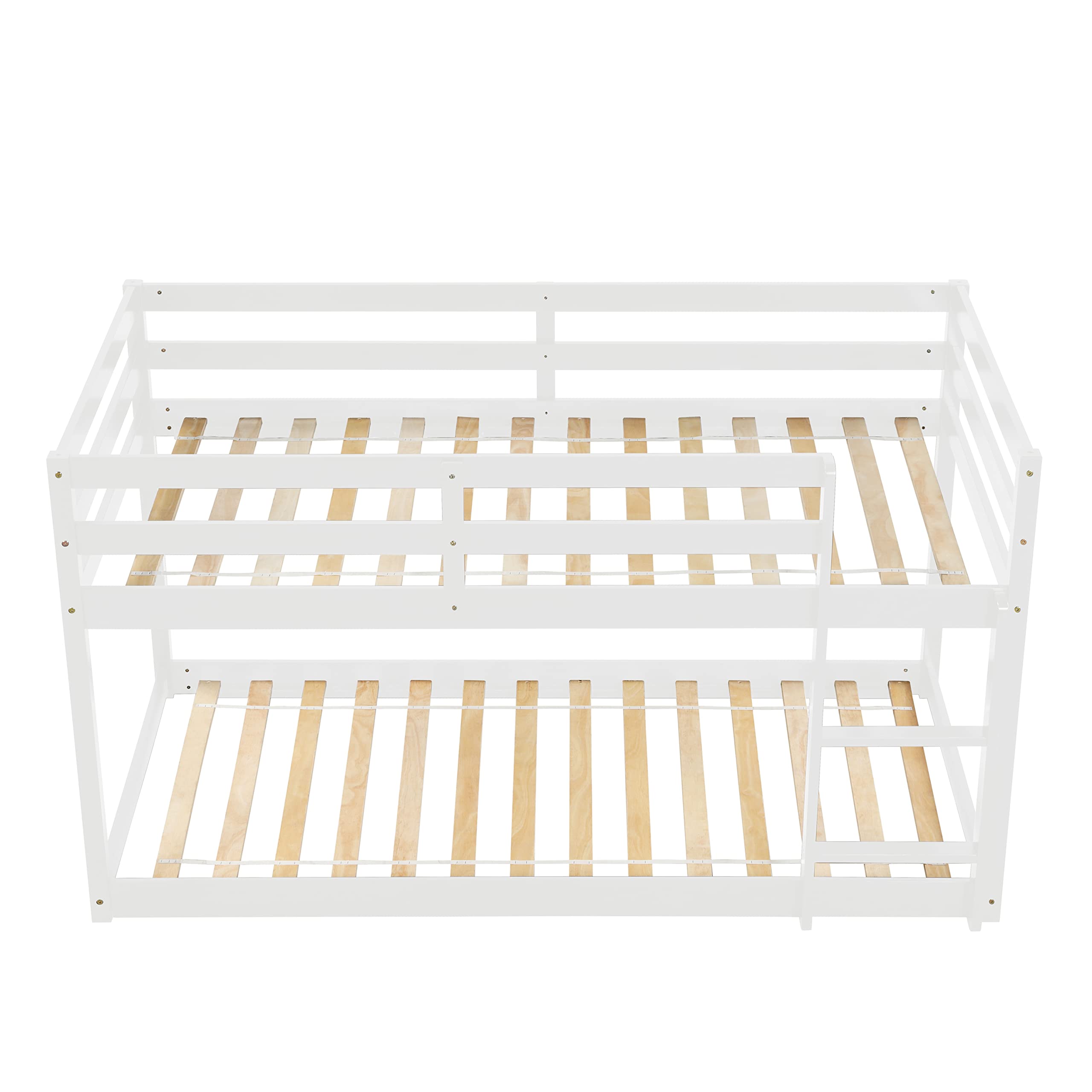 Harper & Bright Designs Low Bunk Beds Twin Over Twin Wood Twin Bunk Bed Frame with Safety Rail Ladder for Kids Bedroom Twin Floor Bunk Bed for Boys Girls Teens, White