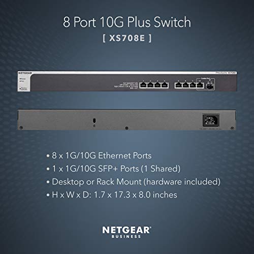NETGEAR 8-Port Smart Managed Plus Switch, 8x10GBASE-T, 1xSFP+, 10xSFP+, ProSAFE Lifetime Protection (XS708E), Silver