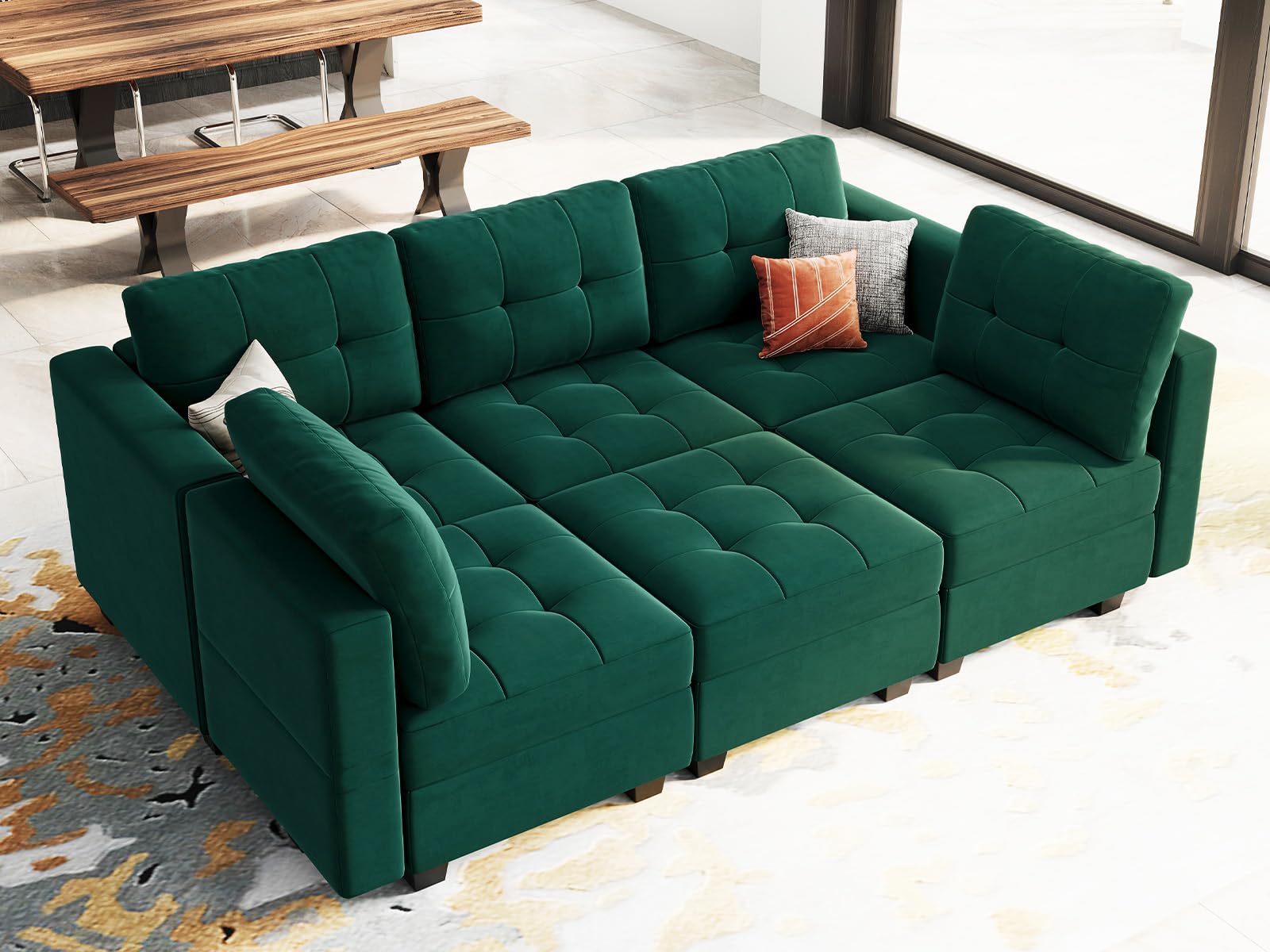 Belffin Modular Sectional Sofa with Storage Seats Velvet Fabric Sleeper Couch with Chaise and Ottomans 6 Seat Modular Sofa Bed Set Green