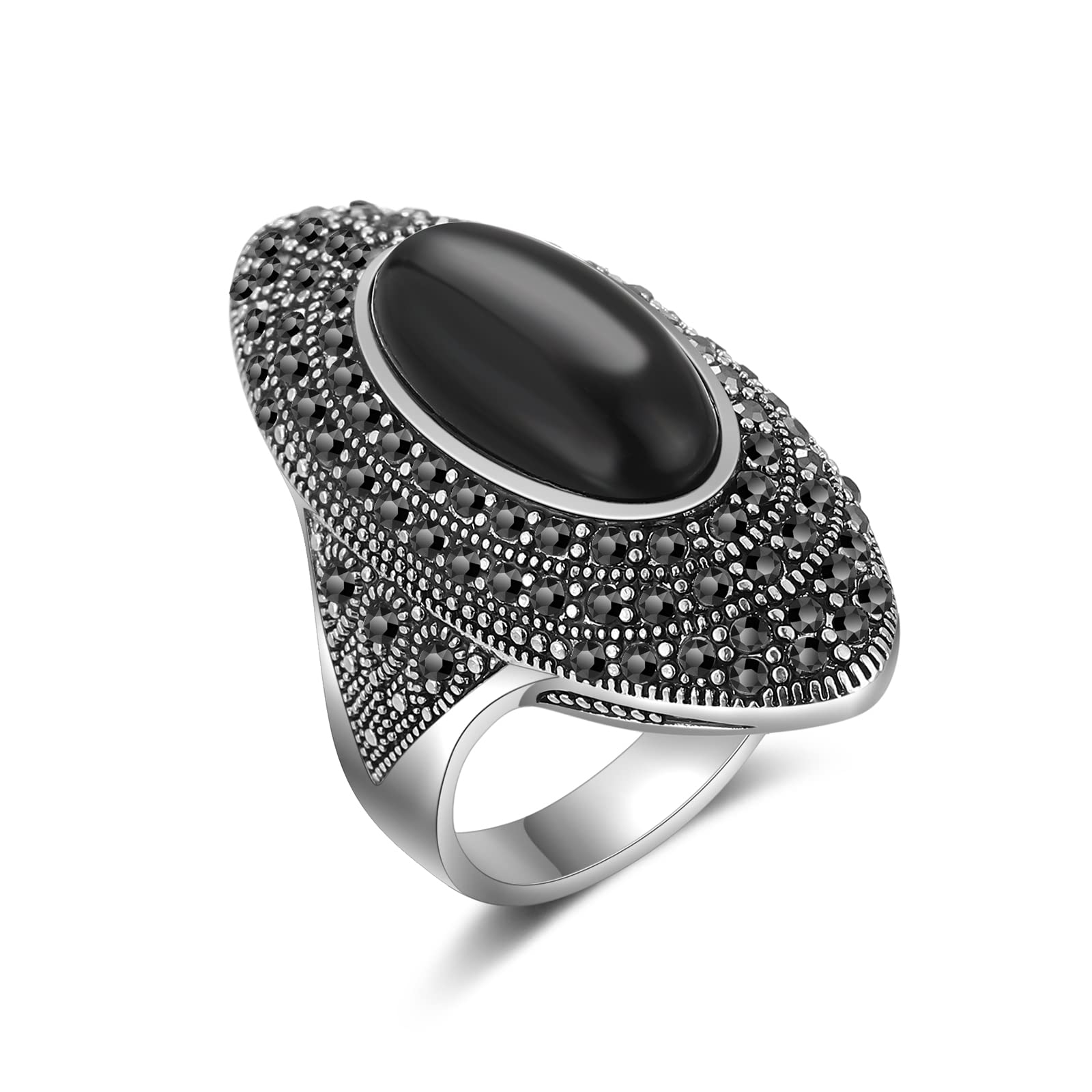 Aprilery Black Retro Marcasite Rings for Women, Fashion Cocktail Statement Rings Costume Vintage Crystal Big Onyx Stone Rings Jewelry for Her