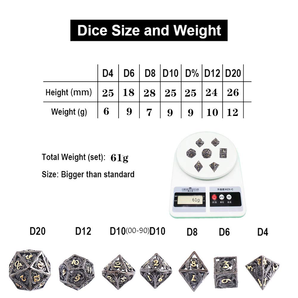 hong hui Pure Copper Hollow Metal Dice Set DND Polyhedral D&D Dragon Dice for Dungeons and Dragons Pathfinder Shadowrun Role Playing Games dice RPG Black Gold