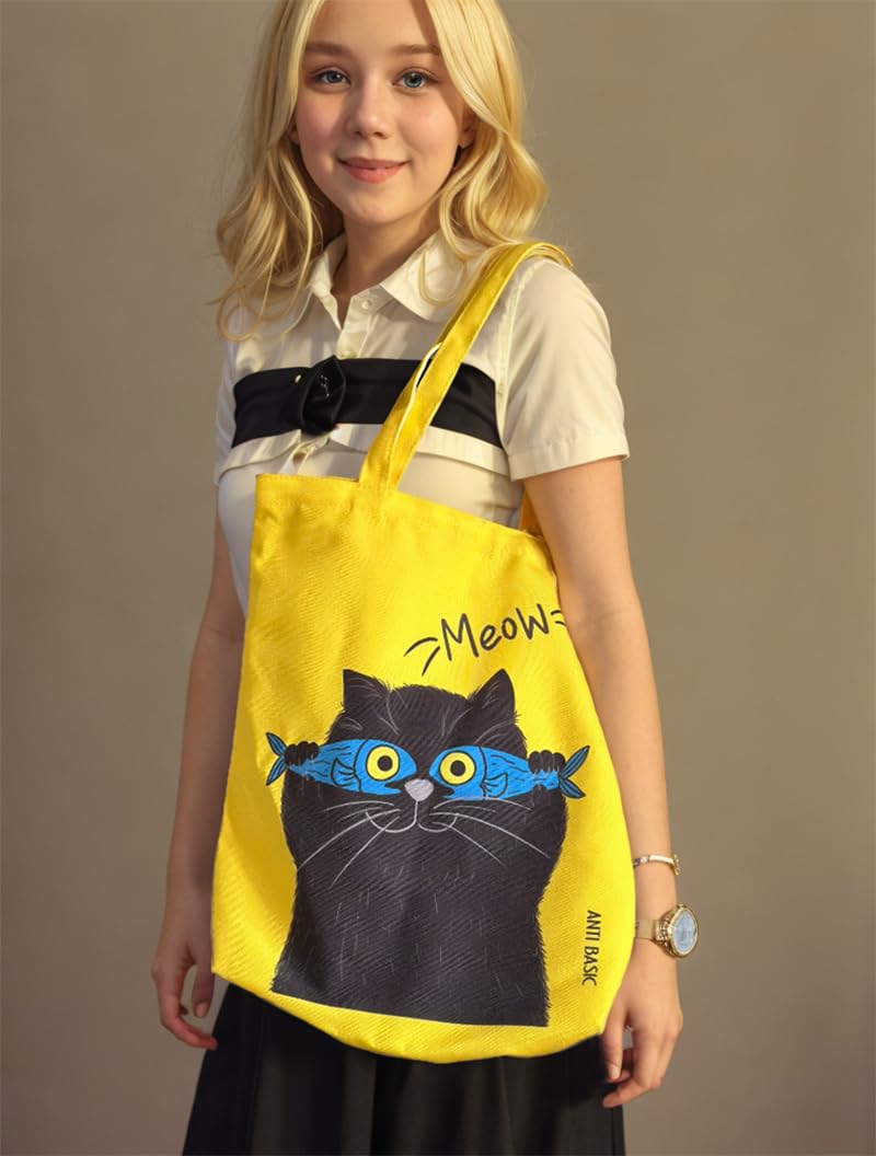 ANTI BASIC Cat Canvas Tote Bag for Women with Inner Pocket-Novelty Patterns Reusable Grocery Bag (cats&books), Large