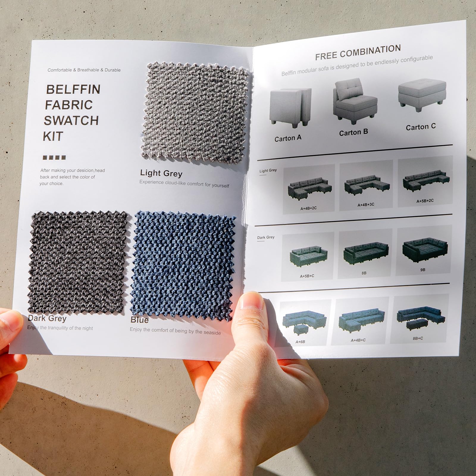 Belffin Polyester Weave Fabric Modular Sectional Sofa Swatch Kit Card,Dark Grey,Light Grey,Blue