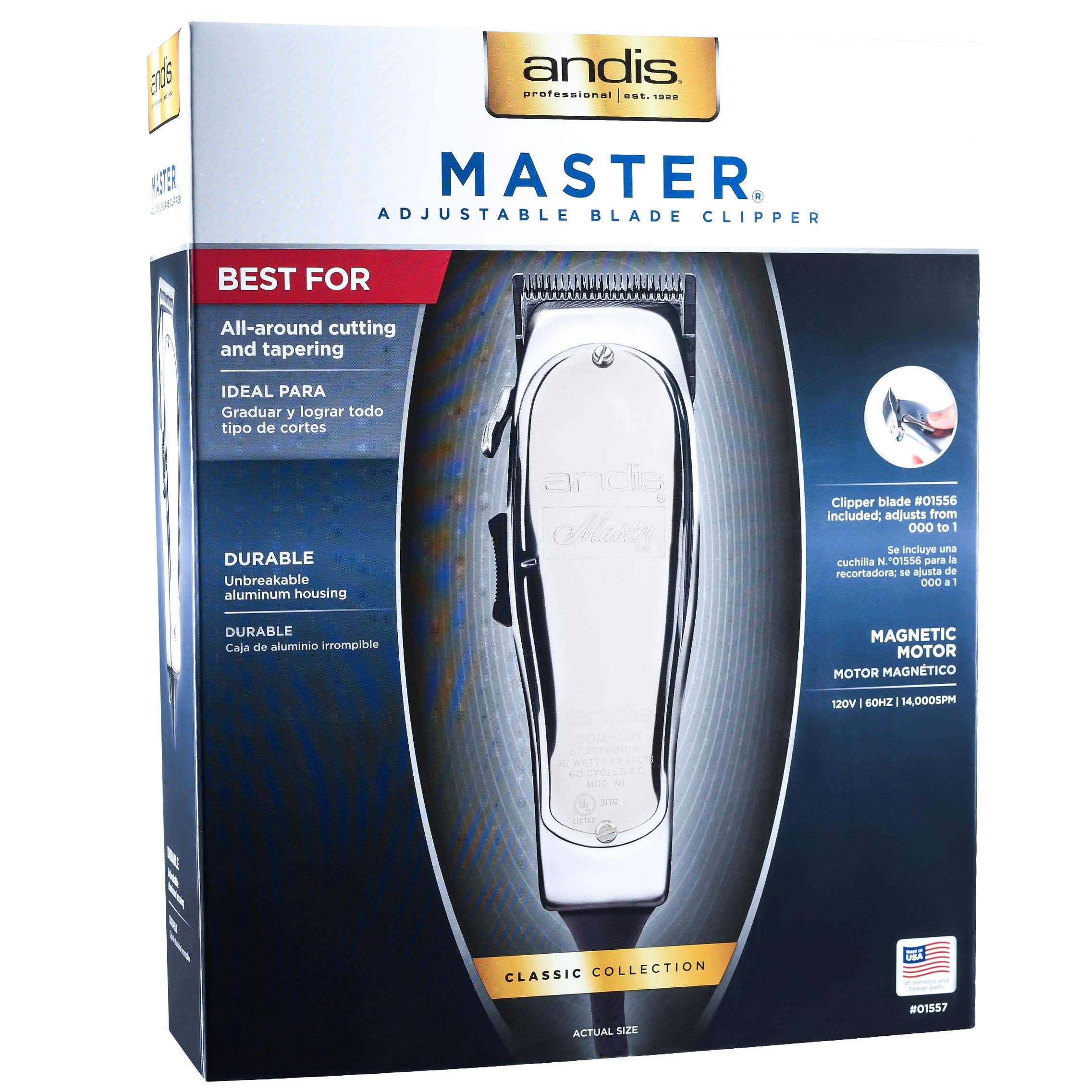 Andis Master Hair Adjustable Blade Clipper, Silver, Bundled with KEPSE Neck Duster