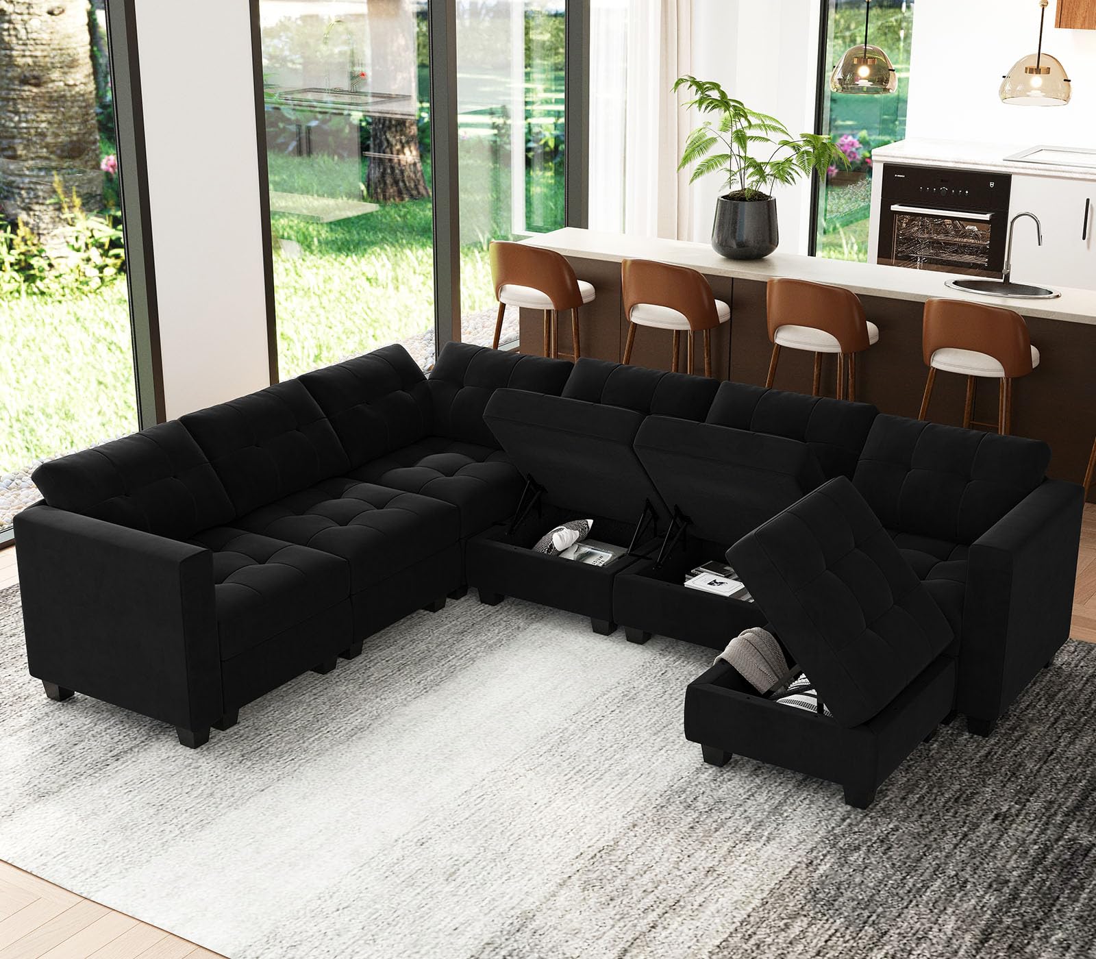 Belffin U Shaped Sectional Modular Sofa Set with Chaise, Reversible Sectional Modular Sofa Couch with Ottomans, Velvet Fabric Sectional Couch with Storage Seats,Black