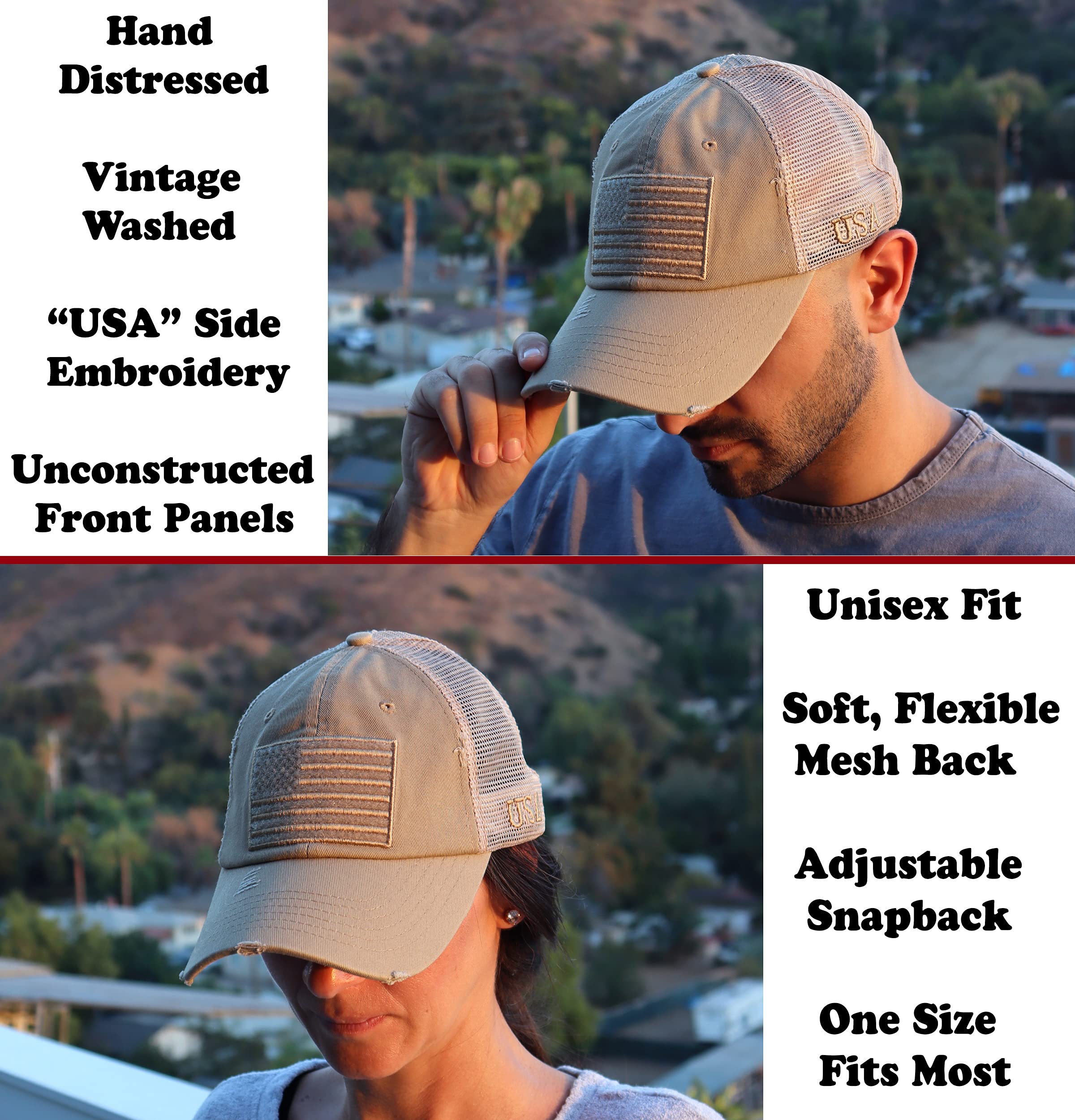 Antourage American Flag Unconstructed Hat for Men and Women Twill Mesh Snapback Baseball USA Flag Cap + 2 Patriotic Patches ((10) Khaki Distressed Mesh Snapback)