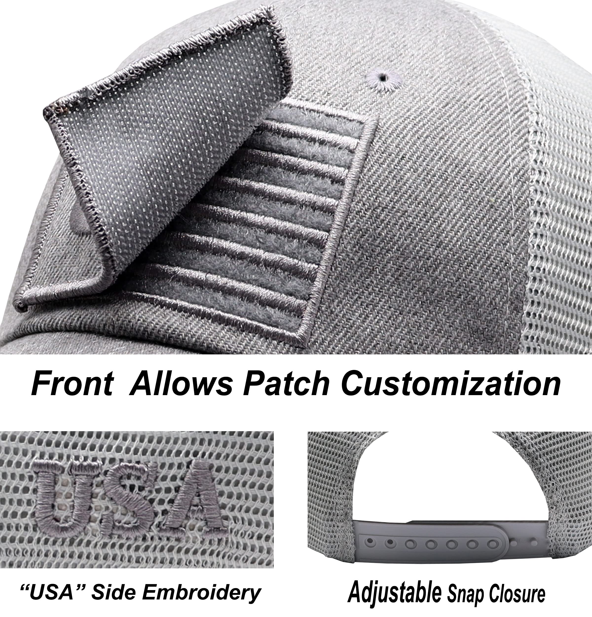 Antourage American Flag Unconstructed Hat for Men and Women Twill Mesh Snapback Baseball USA Flag Cap + 2 Patriotic Patches ((52) Grey Classic Mesh Snapback with Keyhole)