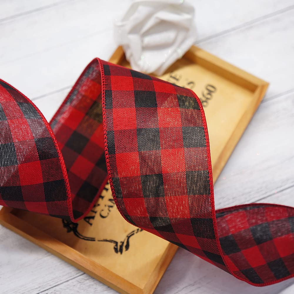 CT CRAFT LLC Plaid Cambridge Gingham Buffalo Wired Ribbon 2.5" x 50 Yards Black with Red for Christmas Home Decor Tree Topper Bow Gift Wrapping DIY Crafts Wreath Garland Wedding