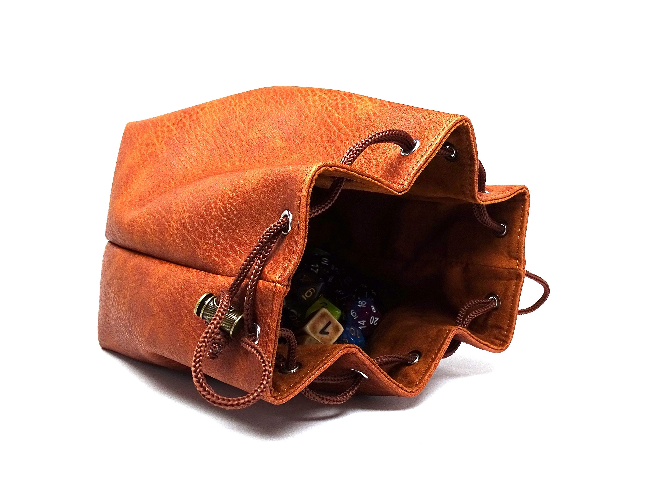 Brown Leather Lite Large Dice Bag with Wolf Design - Brown Faux Leather Exterior with Lined Interior - Stands Up on its Own and Holds 400 16mm Polyhedral Dice