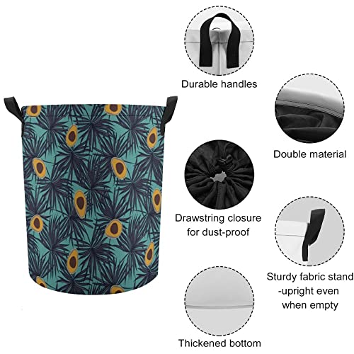 Avocado and Leaves Laundry Basket Round Collapsible Storage Bin with Drawstring and Handle for Bedroom Bathroom Toys Room 17.3" X 13.8"