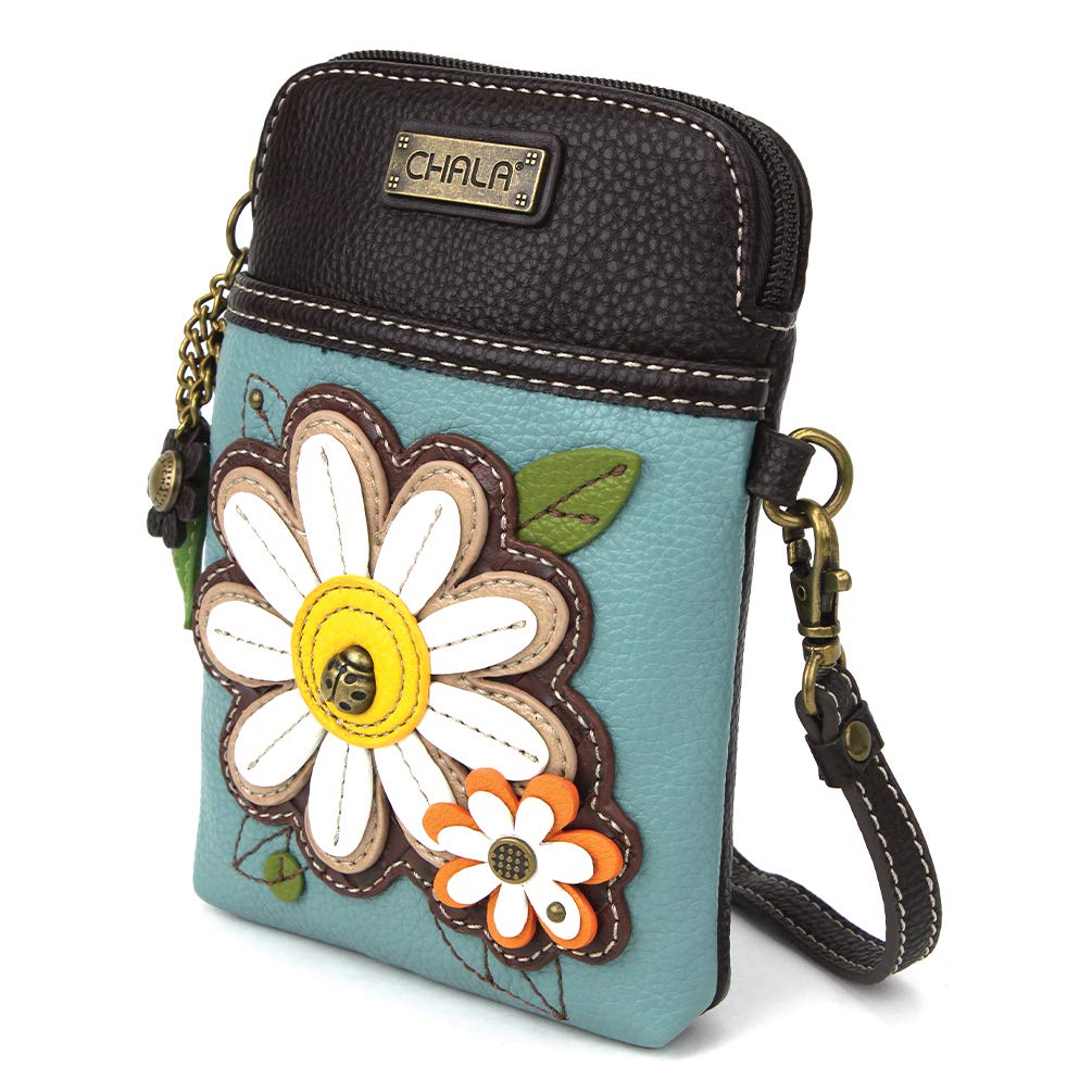 CHALA Cell Phone Crossbody Purse-Women PU Leather/Canvas Multicolor Handbag with Adjustable Strap - Daisy - blue