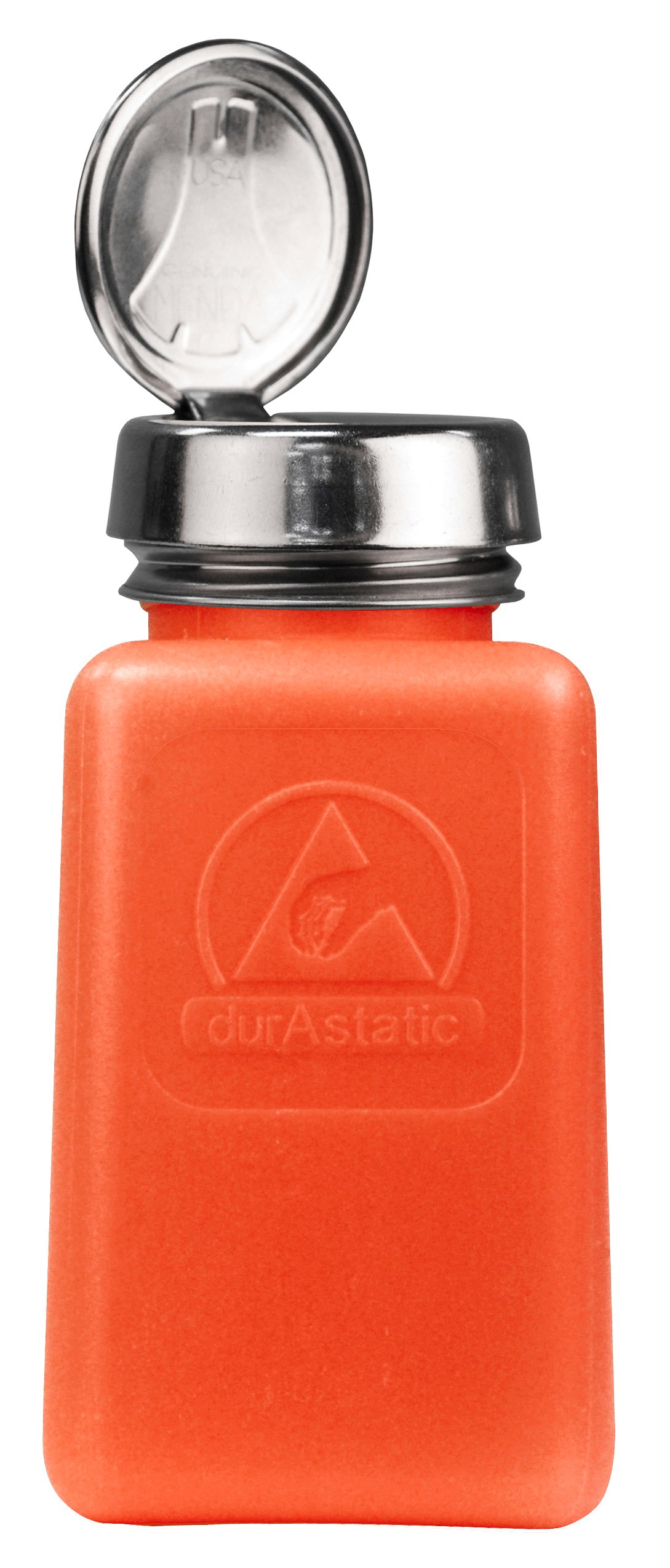 Menda 35270 One Touch Stainless Steel Liquid Dispenser Pump, ESD Safe durAstatic Square Bottle, 6 oz, High Density Polyethylene/Stainless Steel, Orange
