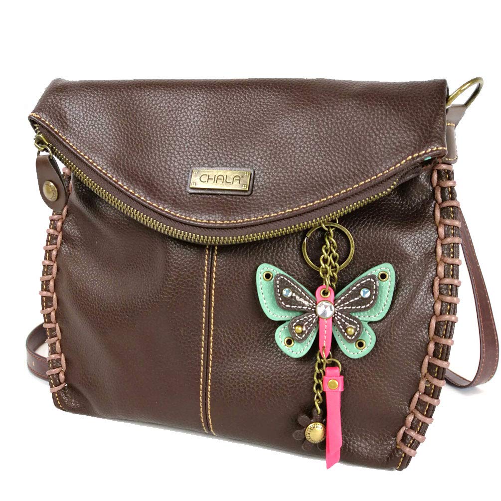 CHALA Charming Crossbody Mid Size Handbag with Mini Butterfly/Dragonfly Key fob (Dark Brown)