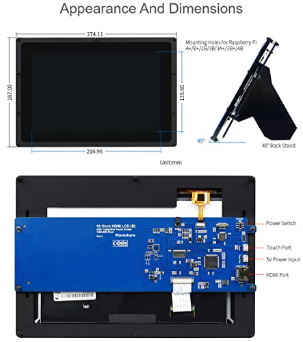 Waveshare 10.1 inch Capacitive Touch Screen LCD IPS Screen 1280x800 Hardware Resolution Supports Multi Mini-PCs and Multi Systems