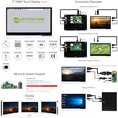 Waveshare 7inch HDMI LCD (C) Capacitive Touch Screen Display Supports Various Systems for All Ver. Raspberry pi 3 Model B/3 B+/2 B/B+/B/A Banana Pi with Bicolor Case