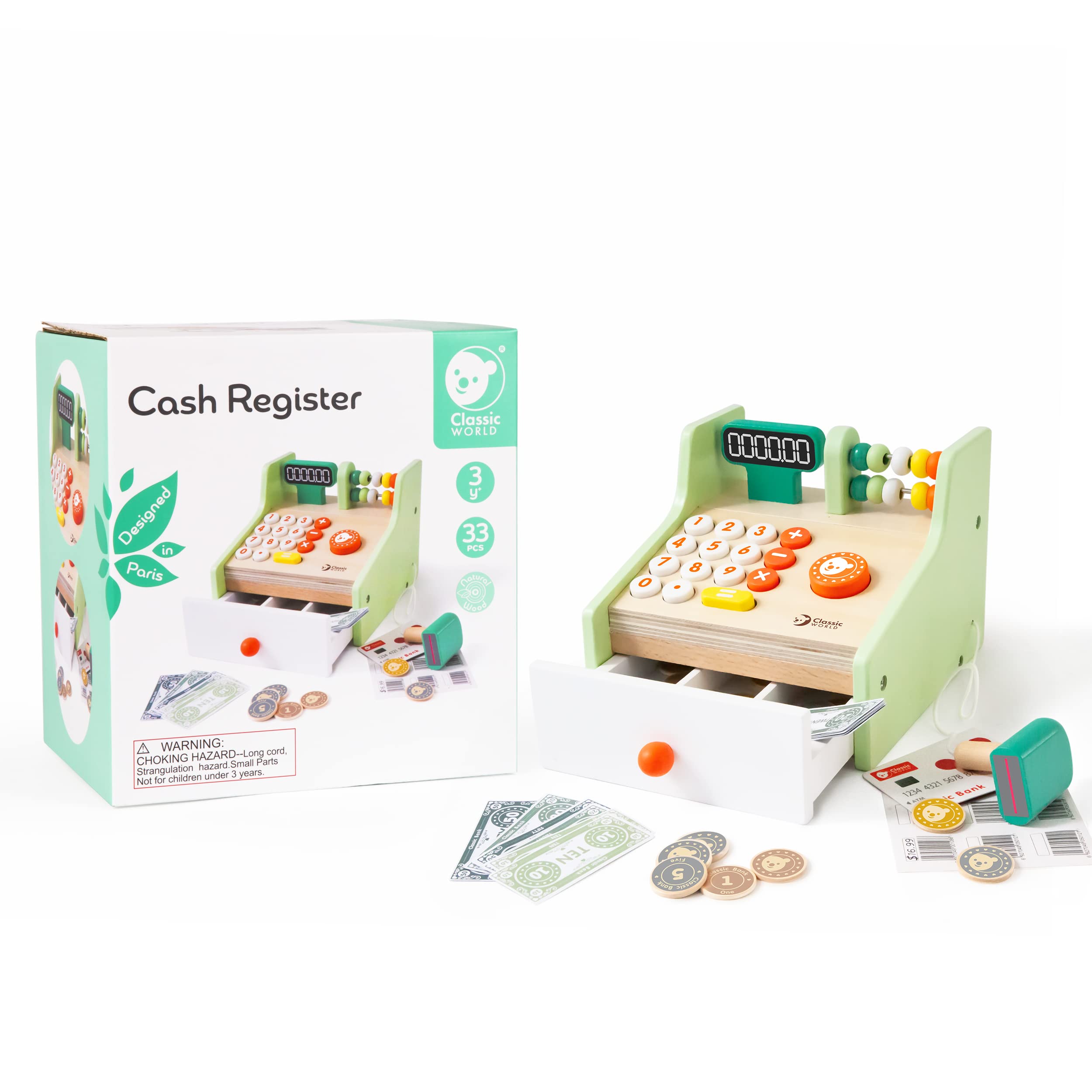 Classic World Cash Register Wooden Pretend Play Counting Toy for Kids Baby Gift