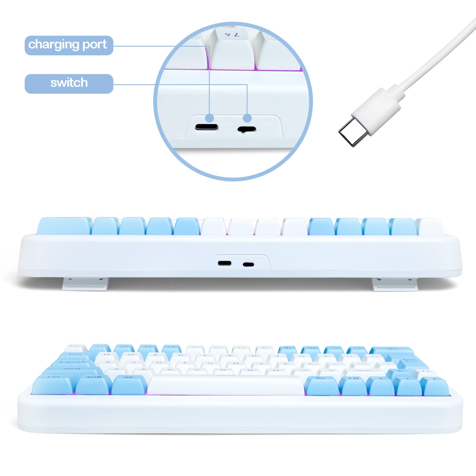 Apuode 60% Wireless Gaming Keyboard, RGB Backlit Ultra-Compact Mini Keyboard with Wrist Rest, Waterproof Mini Compact 61 Keys Keyboard for PC/Mac Gamer, Easy to Carry on Business Trip(White)