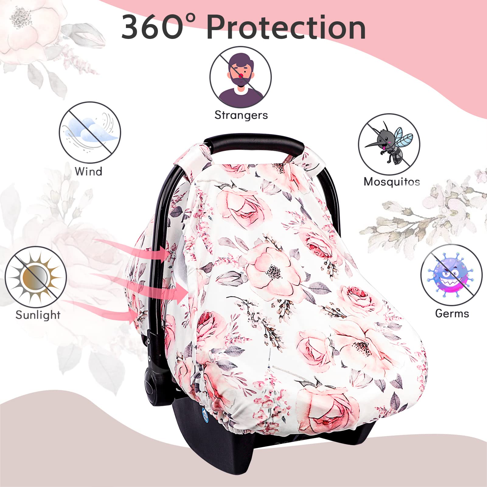 Baby Car Seat Cover & Blanket for Girls, Floral Infant Carseat Canopy, Double Layer Minky Blankets with Dotted Backing, Pink