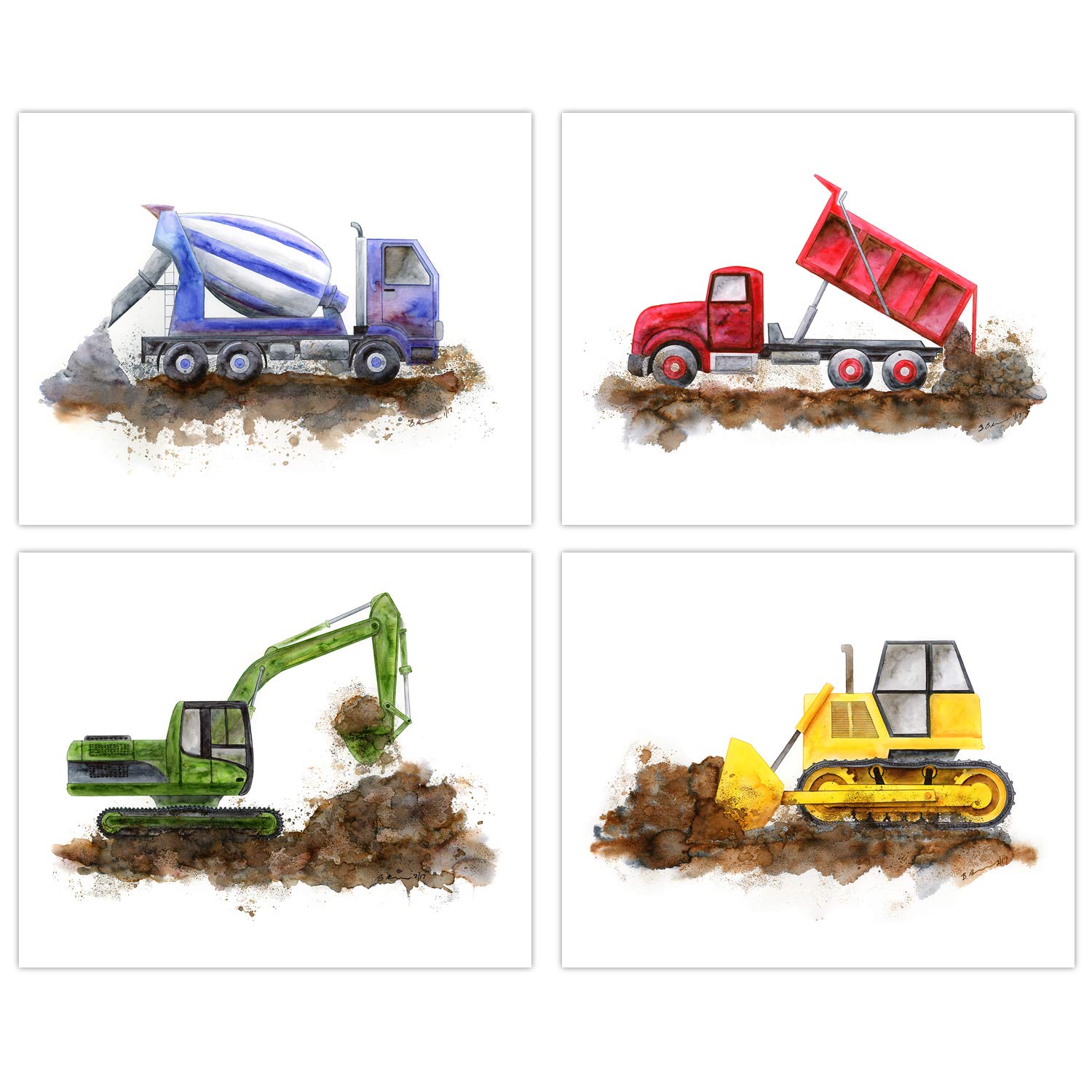 Construction Equipment Nursery Art Print Set, Set of 4 Truck Prints - Blue Cement Mixer, Green Excavator, Red Dump Truck and Yellow Bulldozer - Other Vehicles and Different Sizes Available