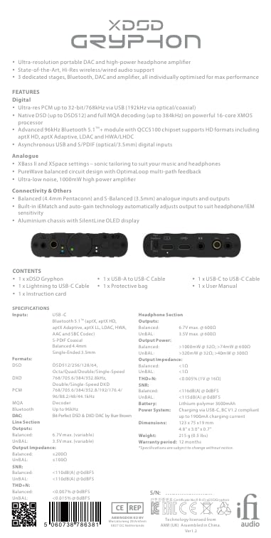 iFi xDSD Gryphon - Ultra-Res Portable Balanced DAC & Headphone Amplifier - INPUTS: Bluetooth 5.1 / USB-C/S-PDIF / 3.5mm SE / 4.4mm Bal