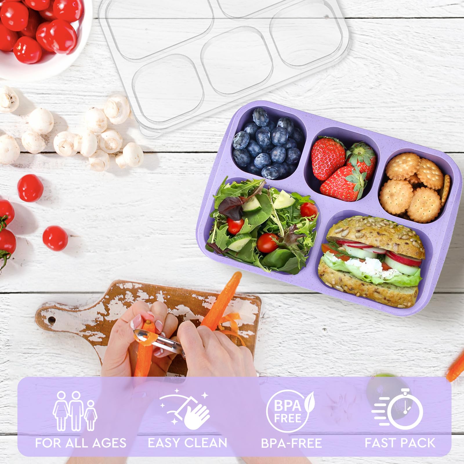 MaMix Bento Box Adult Lunch Box, 5 Compartment Bento Box for Adults 4 Pack, Reusable Stackable Snack Containers for Kids Adults with Utensils, for School, Work, and Travel (Wheat)