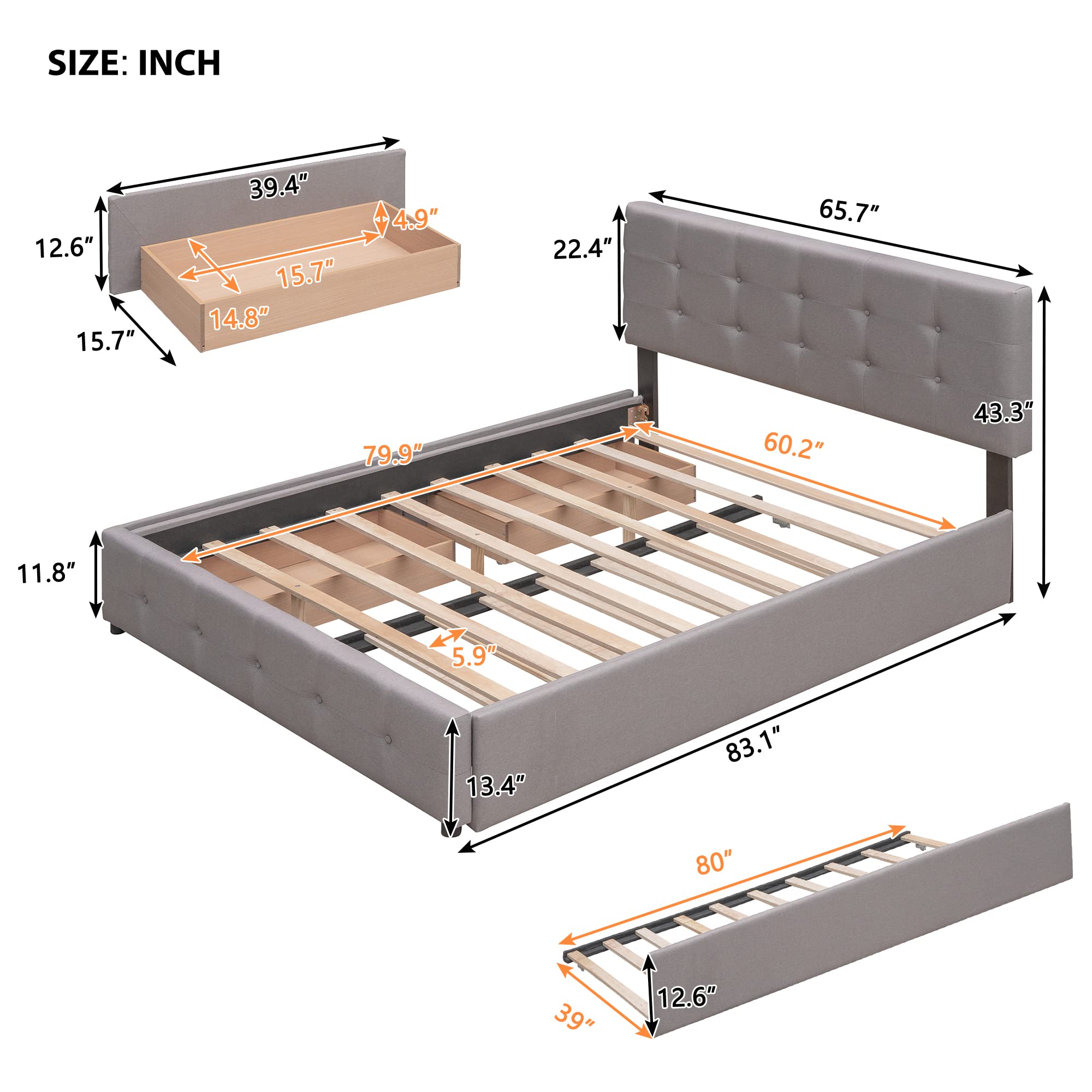 Bellemave Queen Size Platform Bed, Queen Linen Fabric Upholstered Platform Bed Frame with 2 Storage Drawers and 1 Twin XL Trundle, Ideal Bedroom Furniture, No Box Spring Needed (Light Gray)