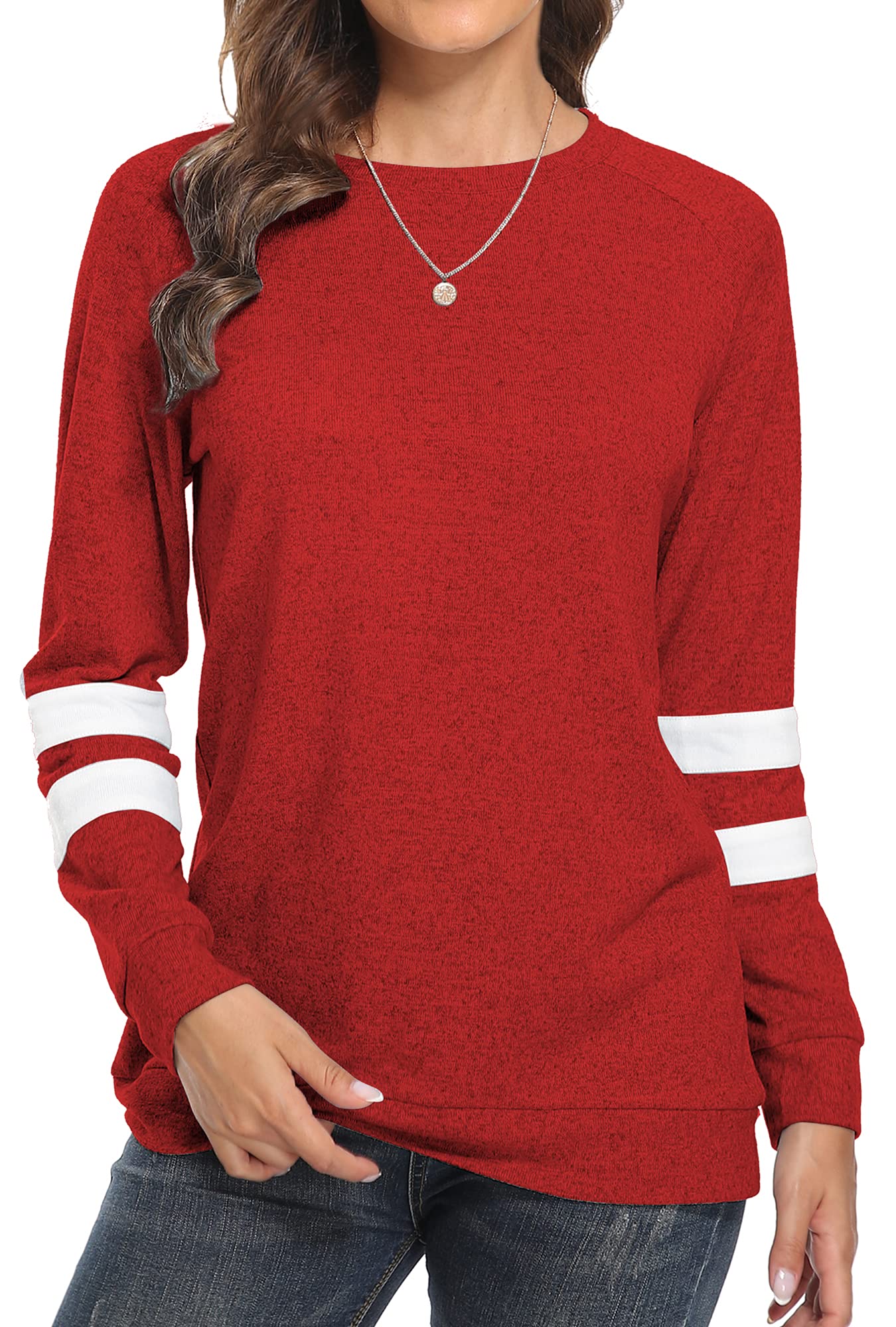 Ahacool Womens Sweatshirt Striped Long Sleeve Shirts for Women Ladies Sweater(Red S)