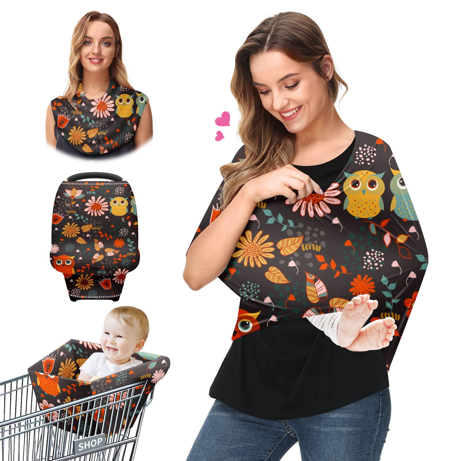Baby Car Seat Covers Cartoon Owls Multi- use Breastfeeding Scarf, CarSeat Canopies for Newborn
