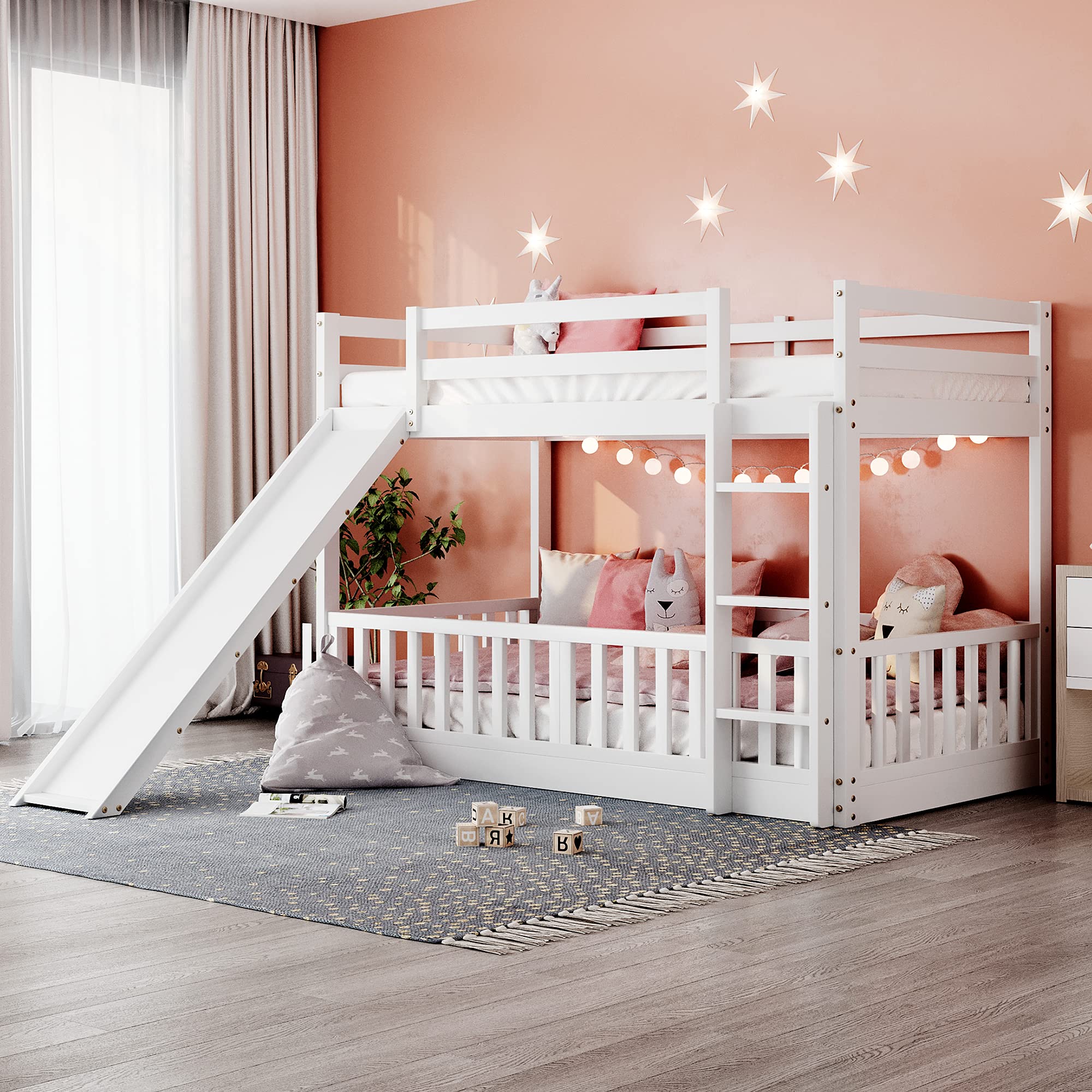 Bellemave Twin Over Twin Floor Bunk Bed with Slide and Ladder, Low Bunk Bed for Kids, Girls, Boys, Removable Fence, Bunk Bed with Slide, White