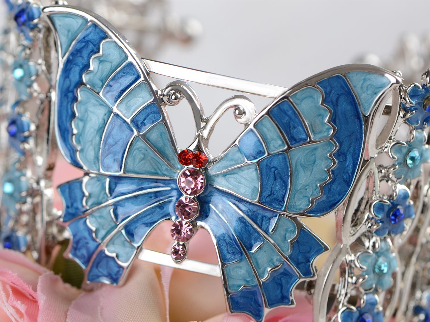 Alilang Silver Tone Blue Enamel Floral Crystal Rhinestone Flower Butterfly Cuff Bangle Bracelet